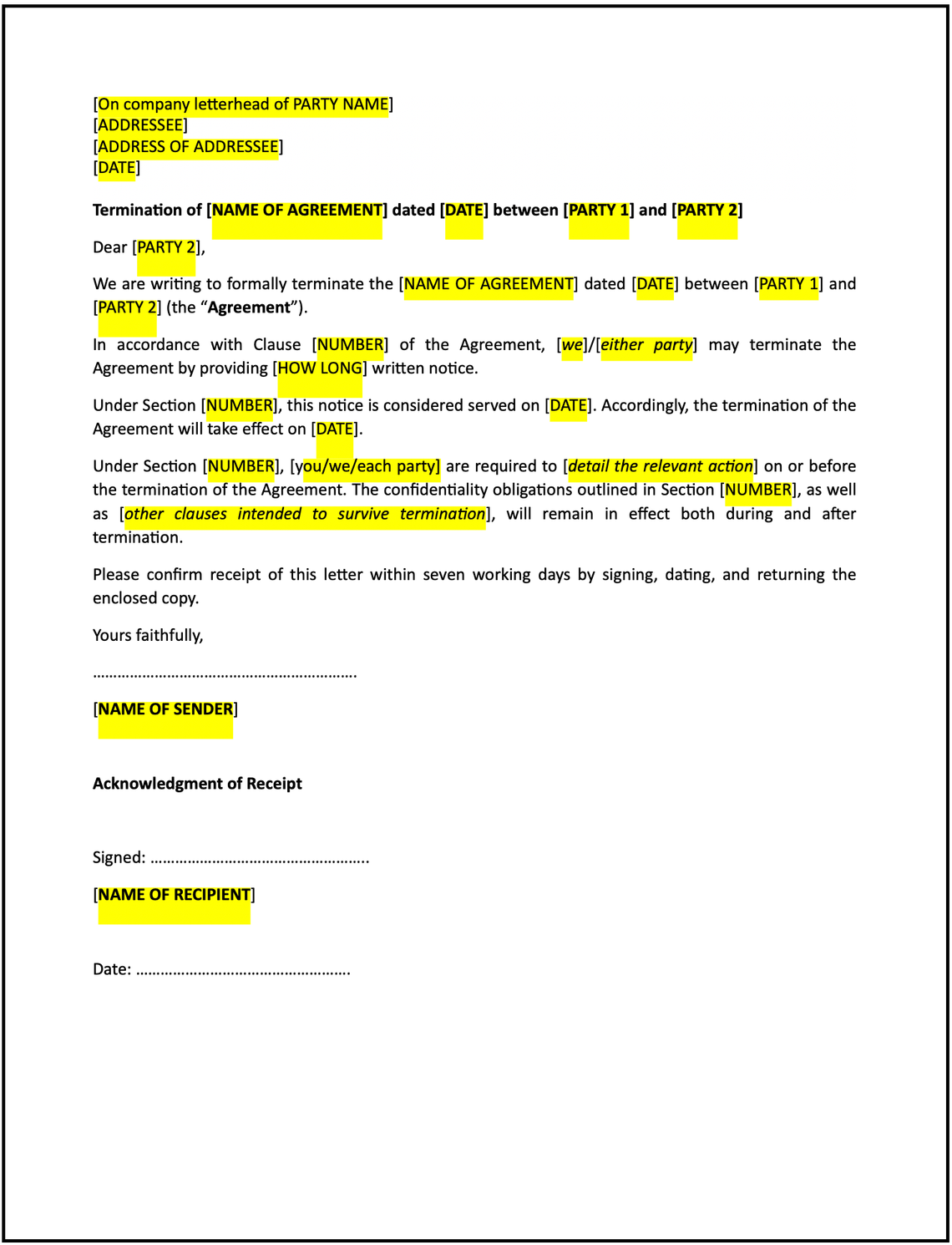 Letter of termination of contract for convenience: Free template