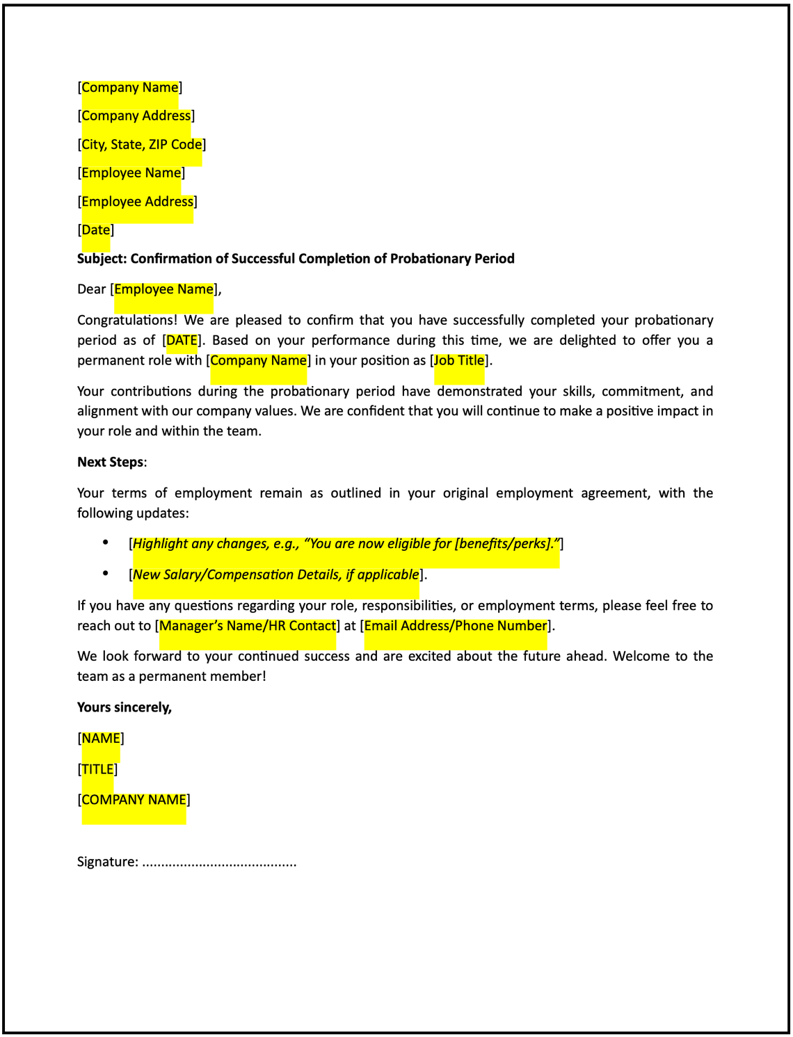 Letter of confirmation of successful probationary period and permanent ...