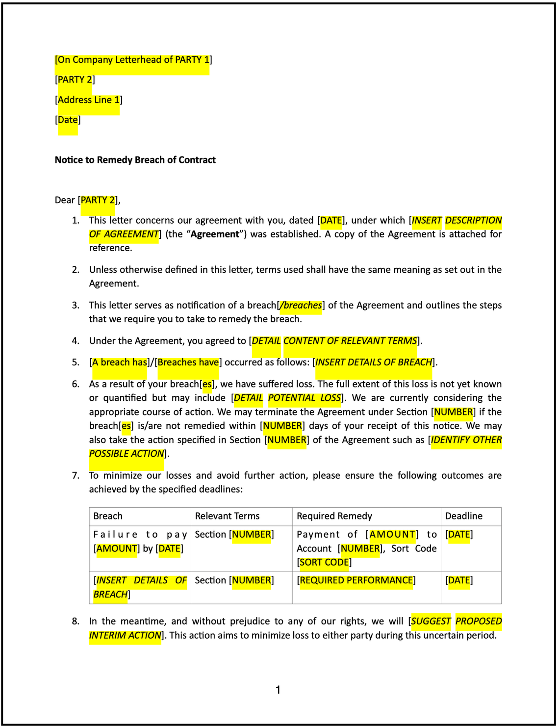 Letter to remedy breach of contract: Free template