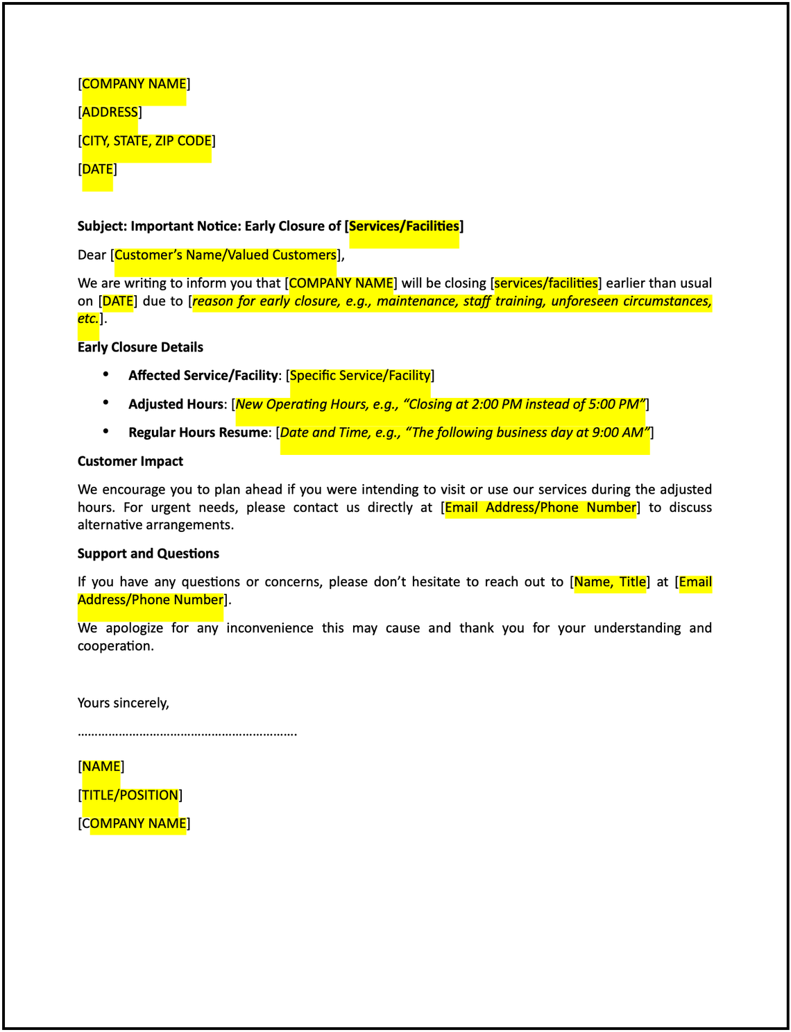 Letter of early closure of services or facilities: Free template