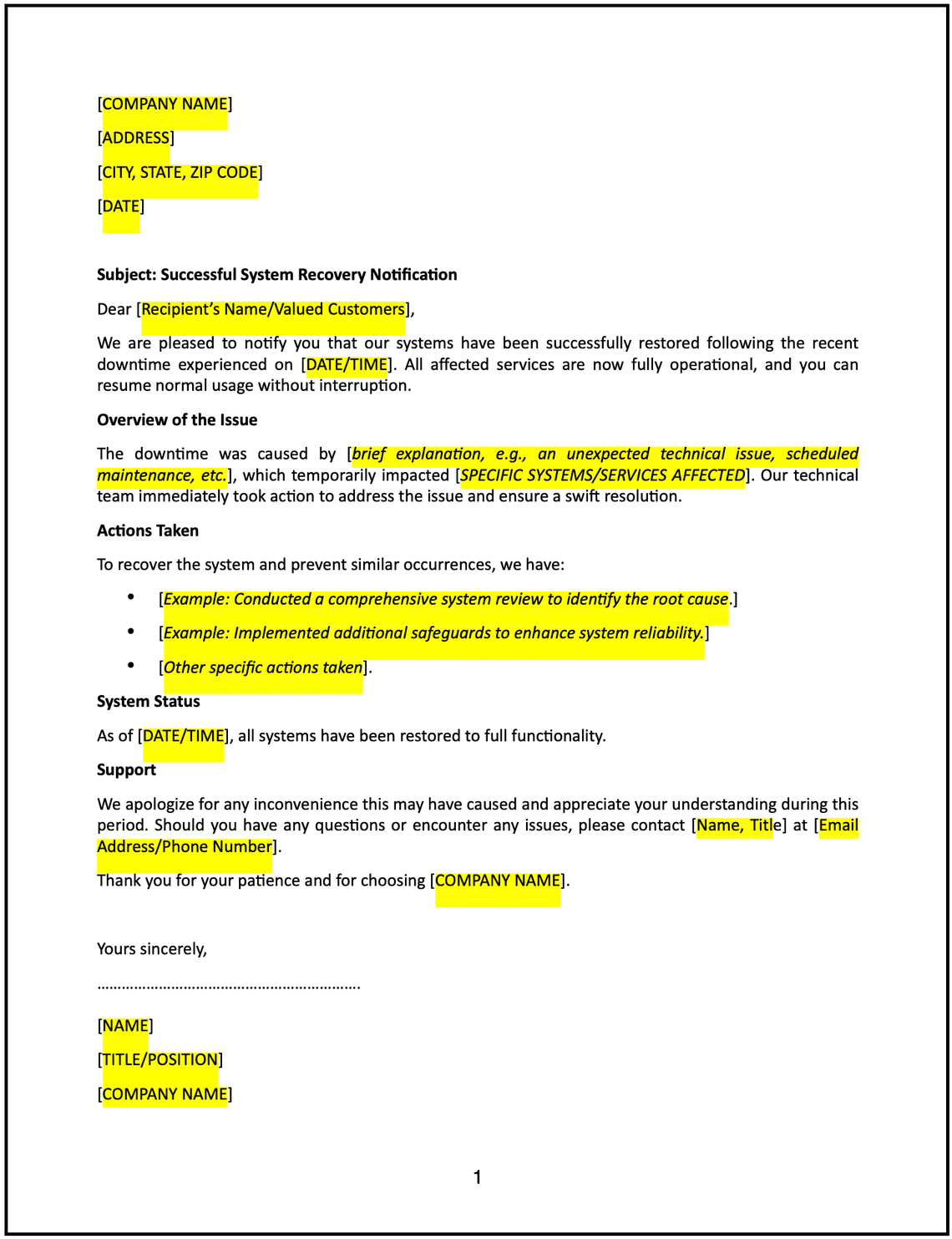 Letter of successful system recovery after downtime: Free template
