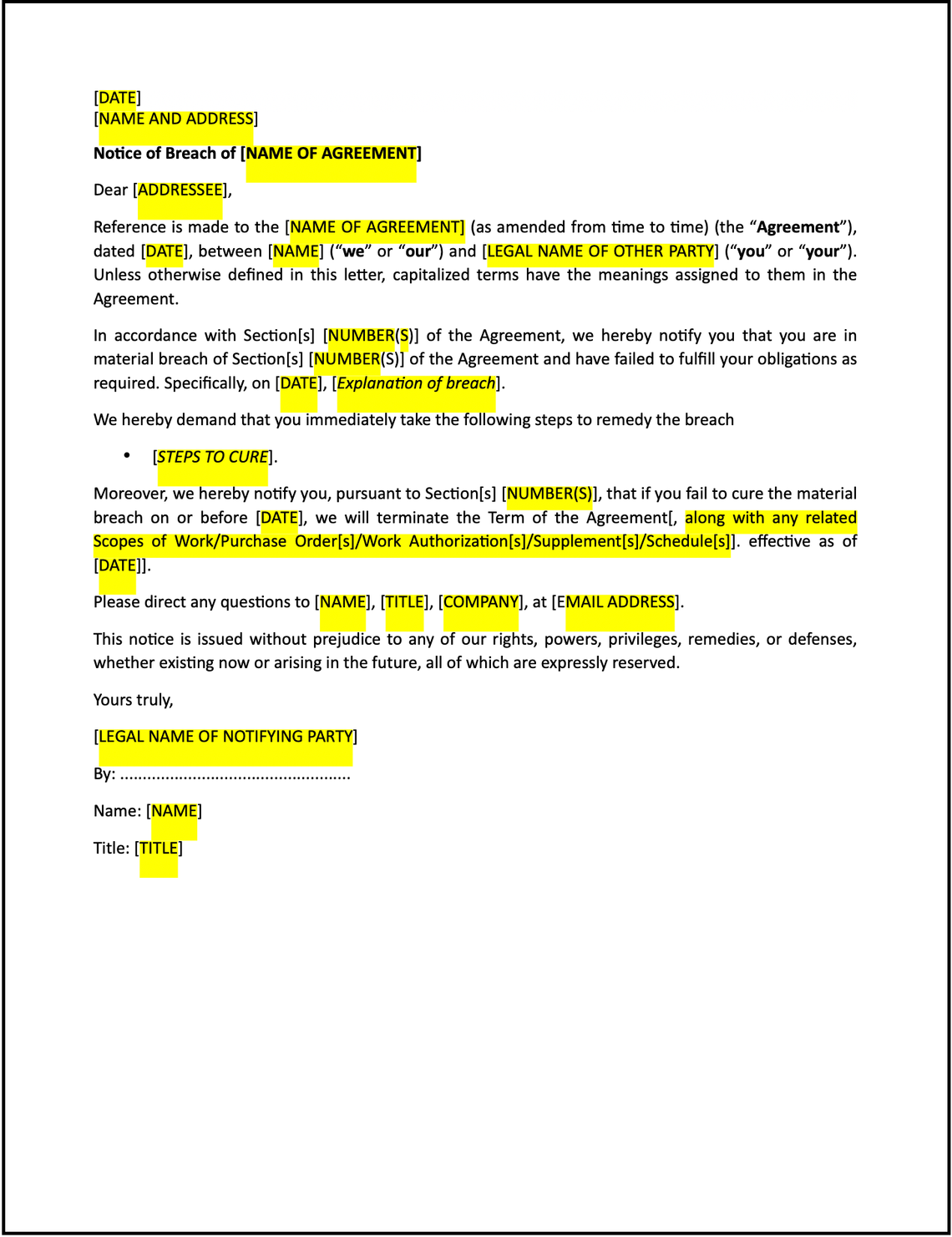 Notification of contract breach letter: Free template