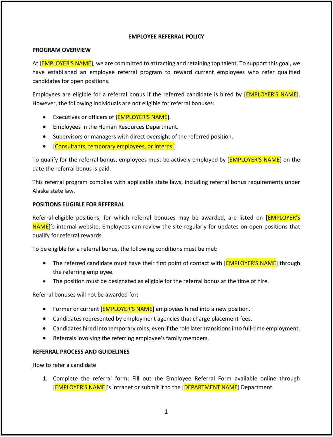 Employee referral policy (Alaska): Free template