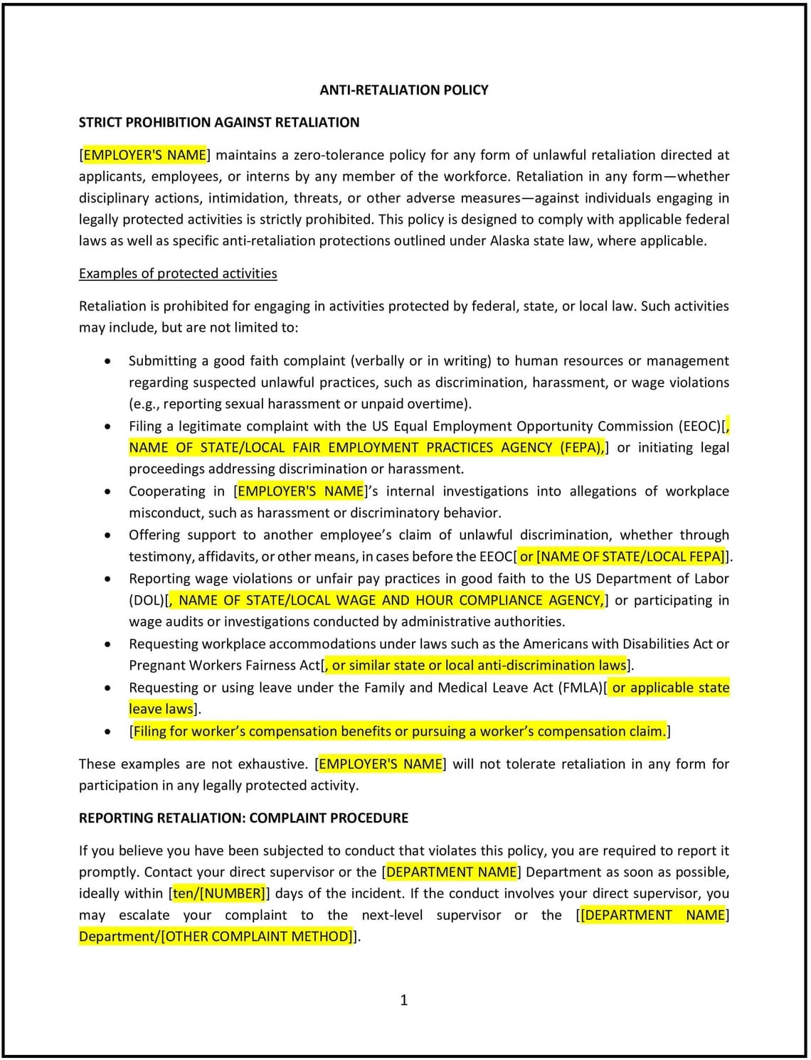 Anti-retaliation policy (Alaska): Free template