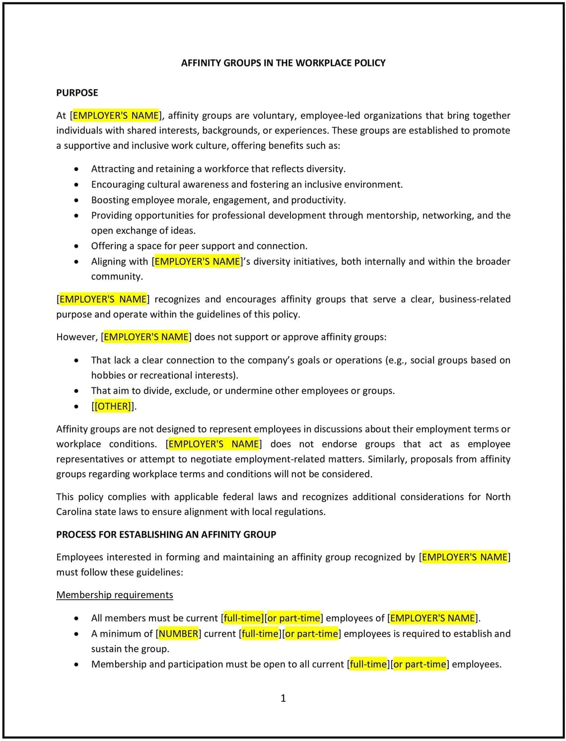 Affinity groups in the workplace policy (North Carolina): Free template