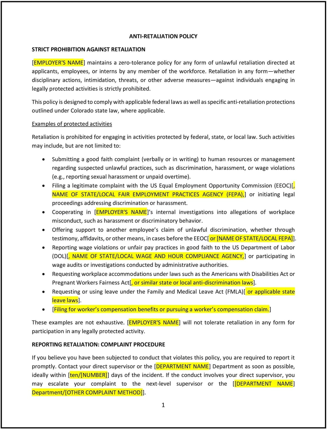 Anti-retaliation policy (Colorado): Free template