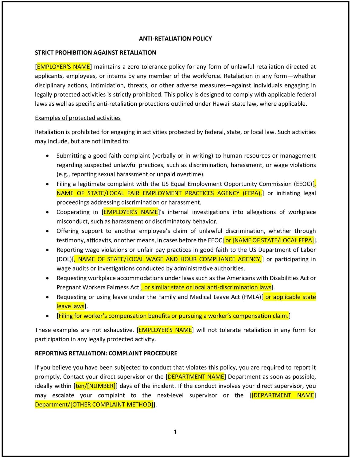 Anti-retaliation policy (Hawai'i): Free template