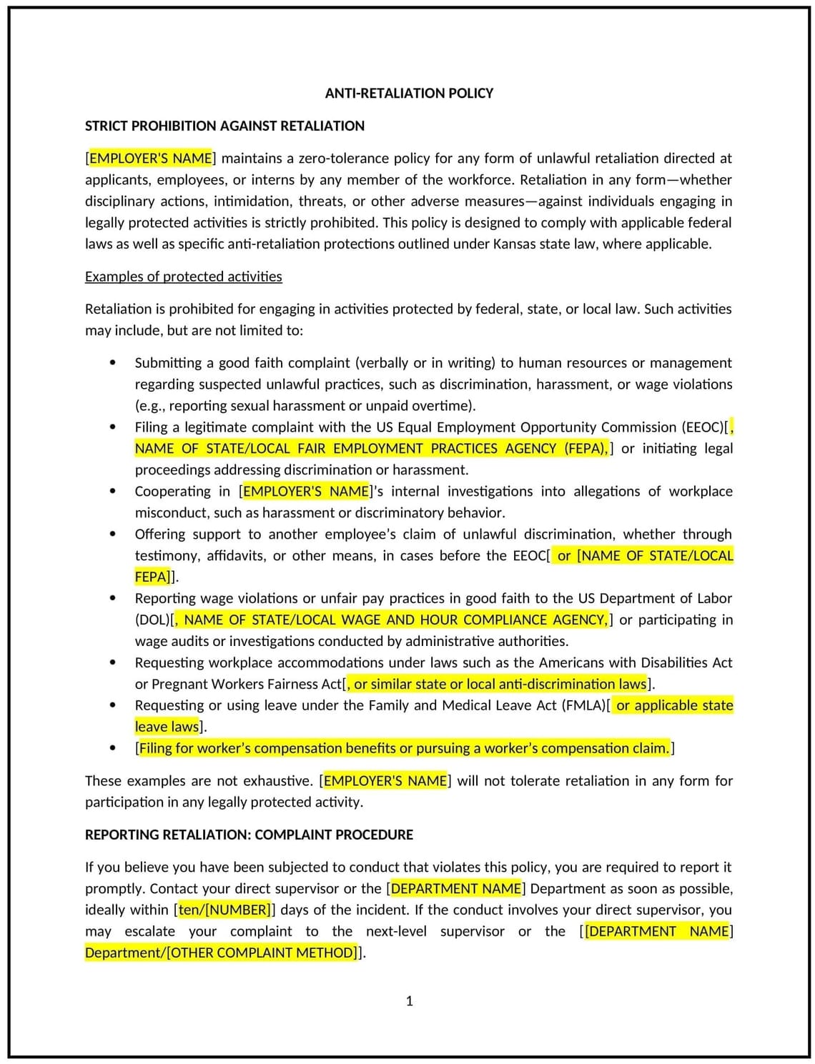 Anti-retaliation policy (Kansas): Free template