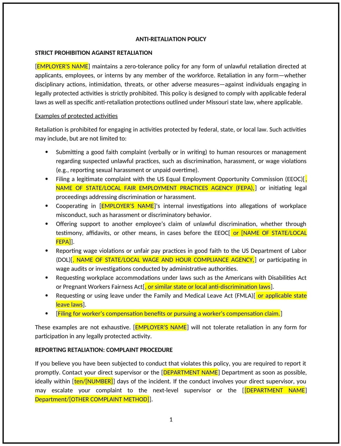 Anti-retaliation policy (Missouri): Free template