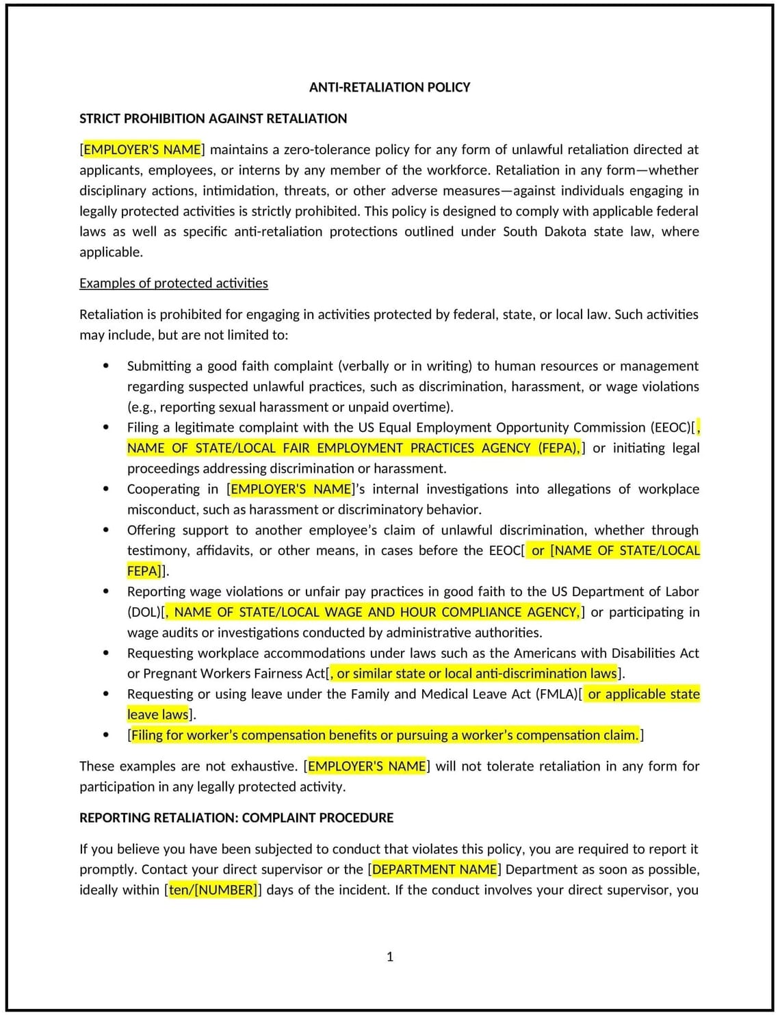 Anti-retaliation policy (South Dakota): Free template