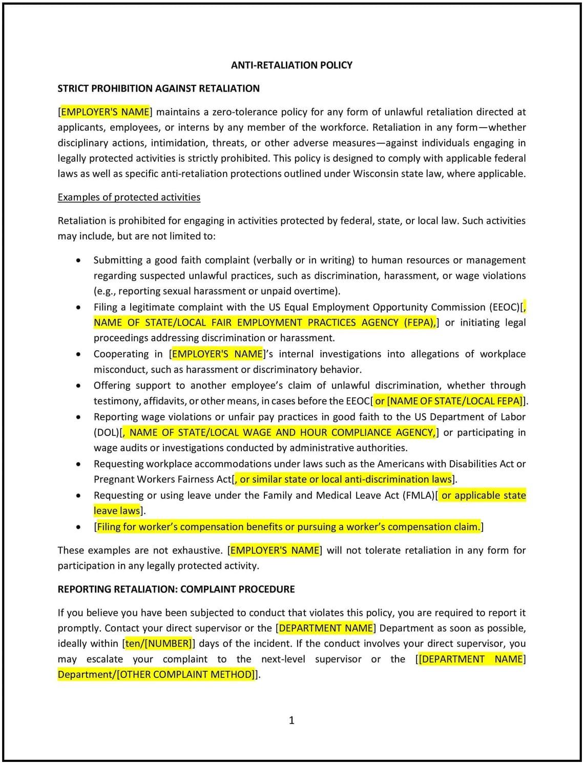 Anti-retaliation policy (Wisconsin): Free template