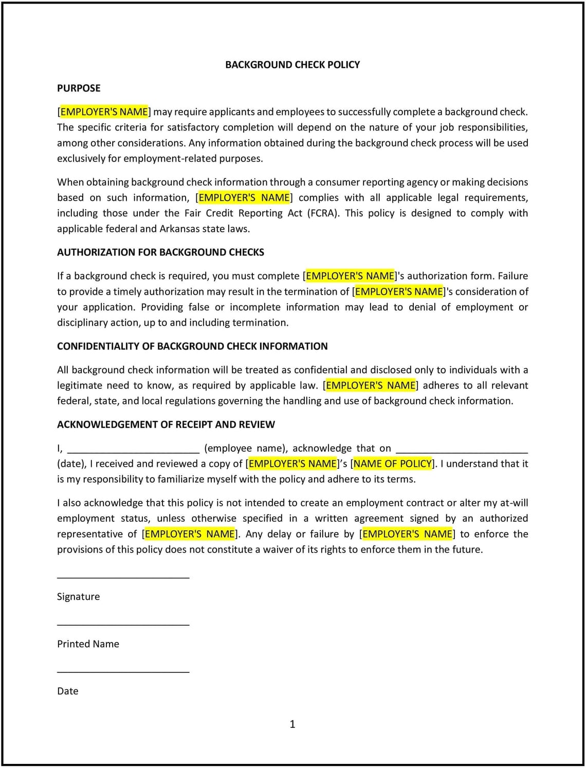 Background check policy (Arkansas): Free template
