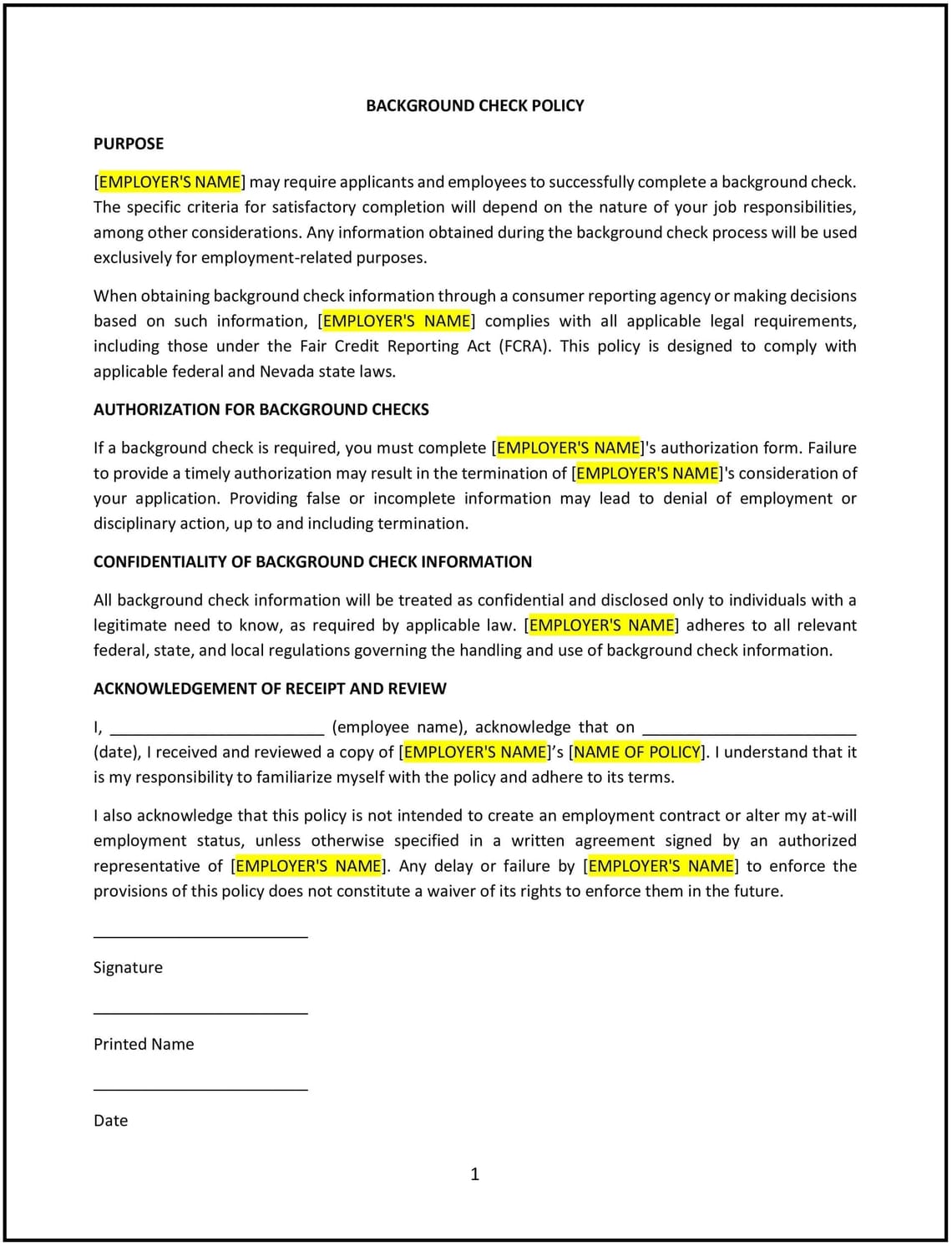 Background check policy (Nevada): Free template