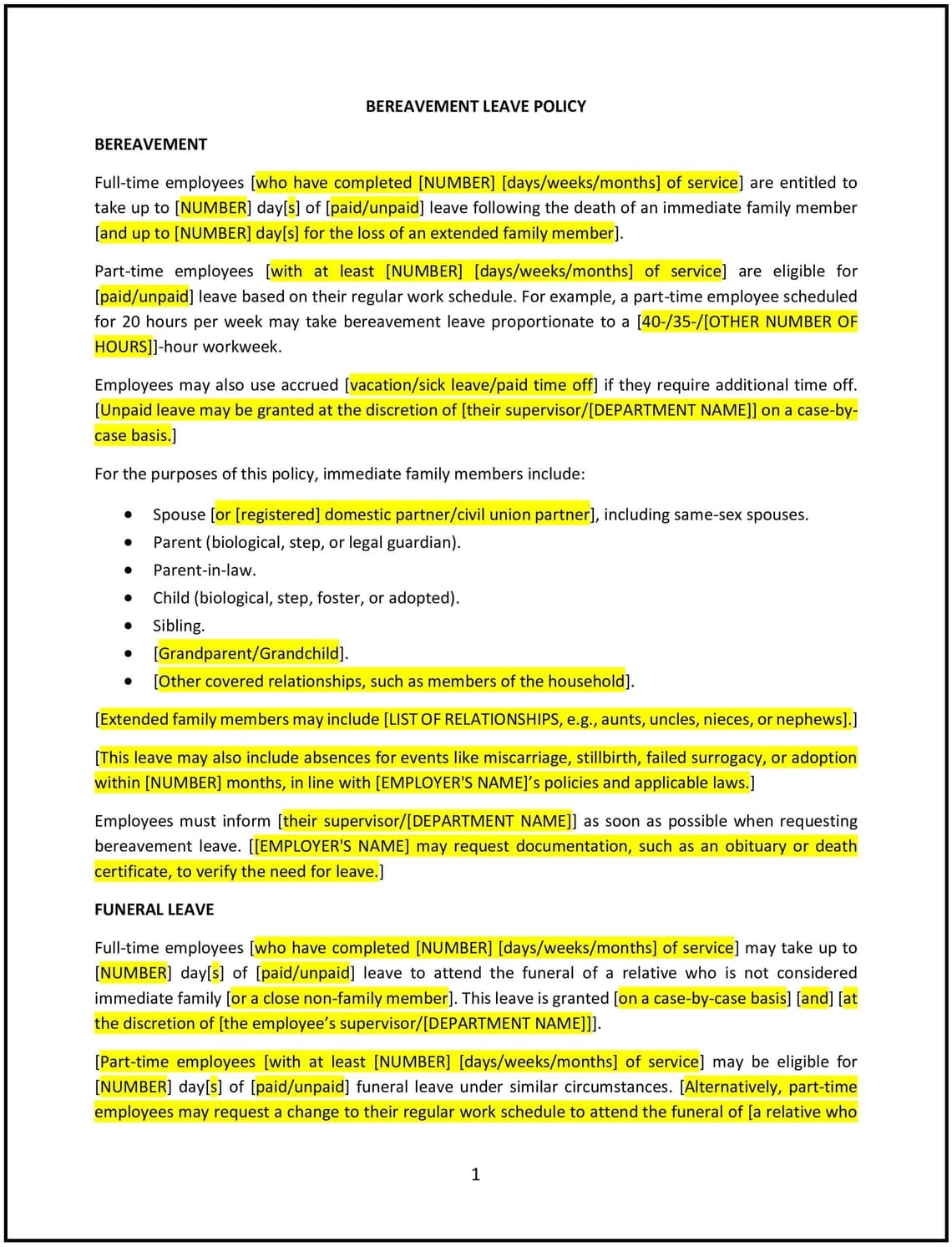 Bereavement leave policy (New Hampshire): Free template