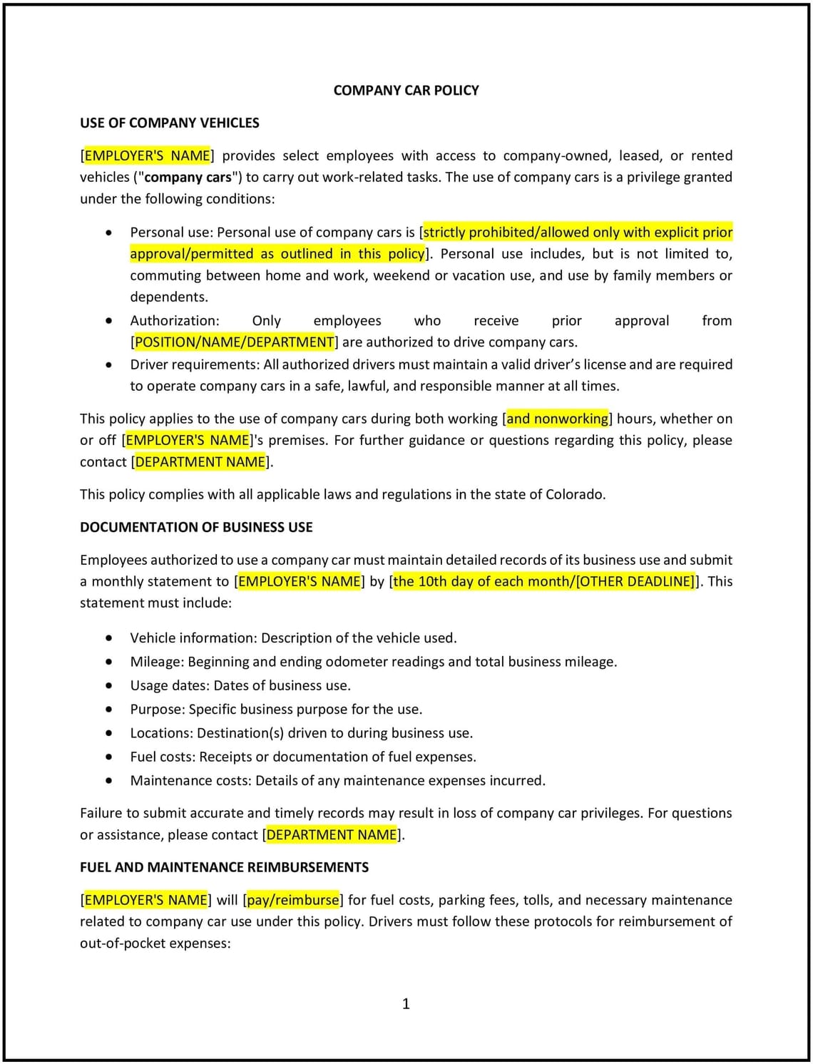 Company car policy (Colorado): Free template
