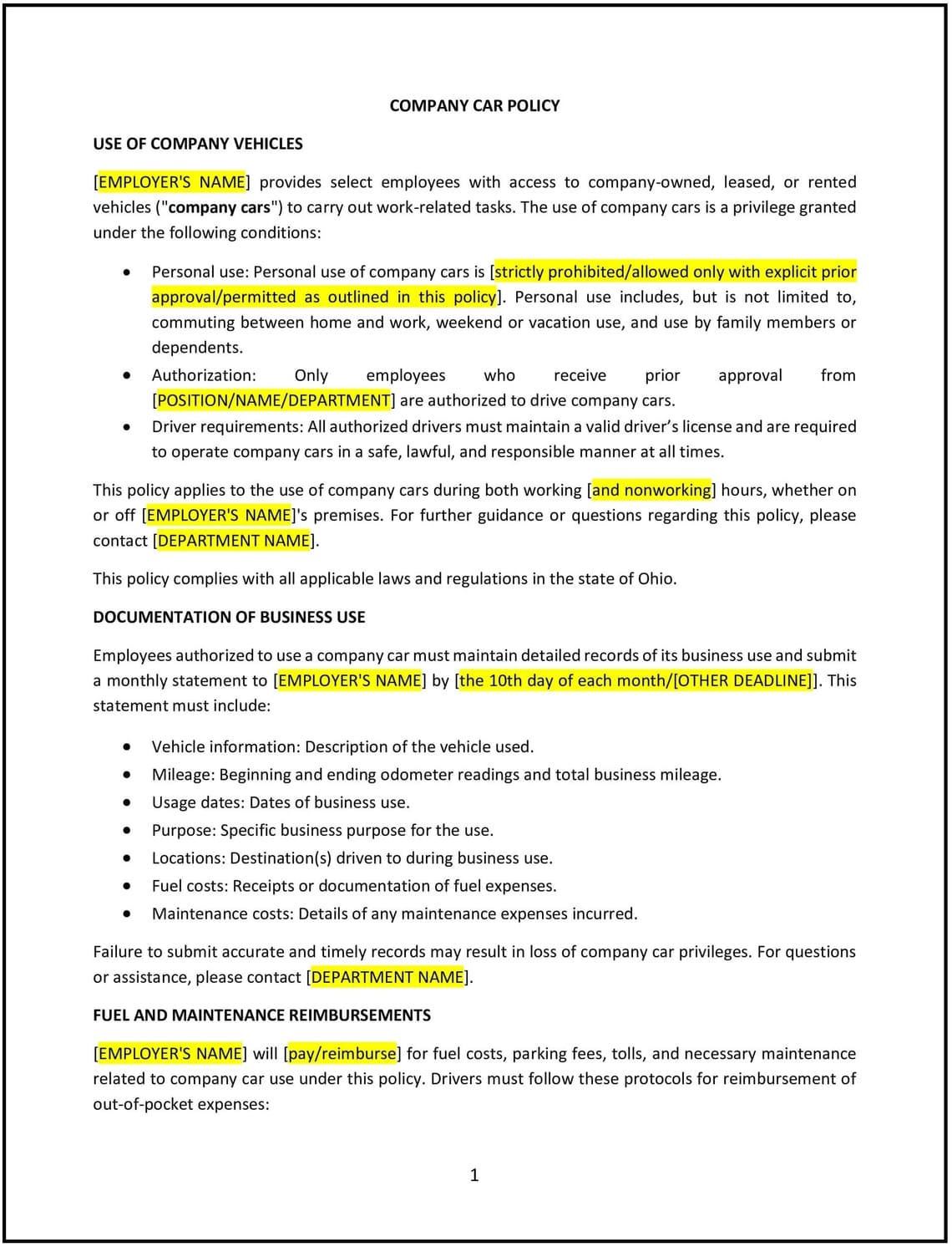 Company car policy (Ohio): Free template