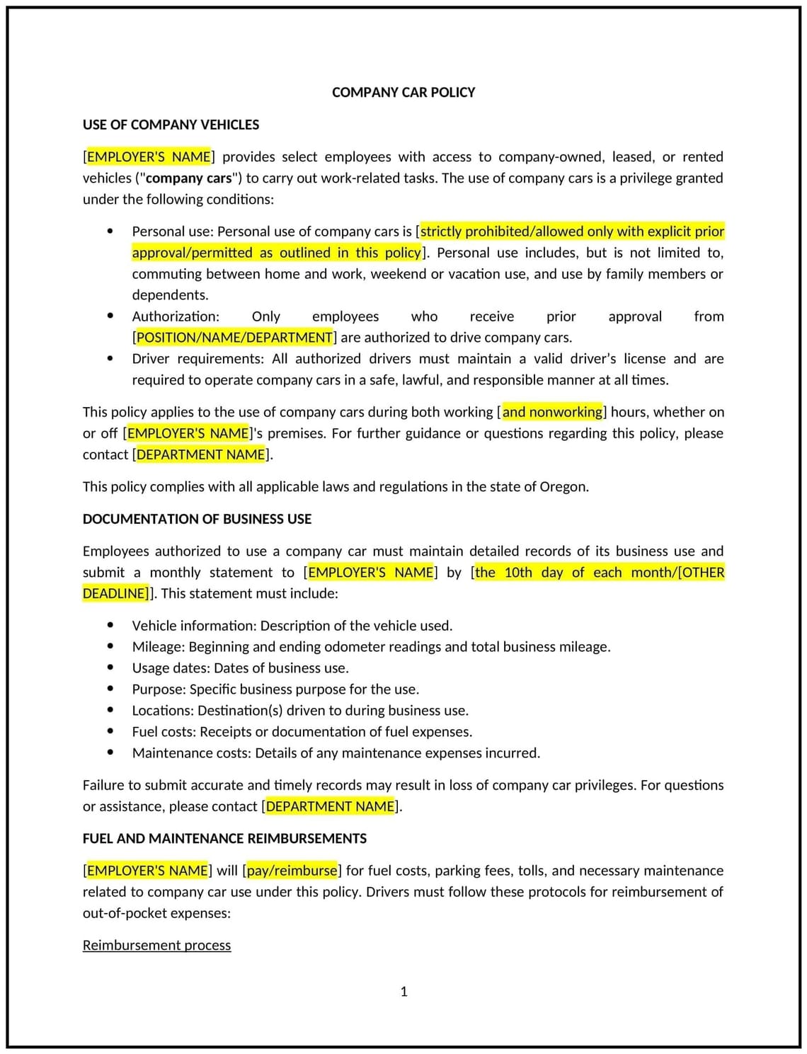 Company car policy (Oregon): Free template