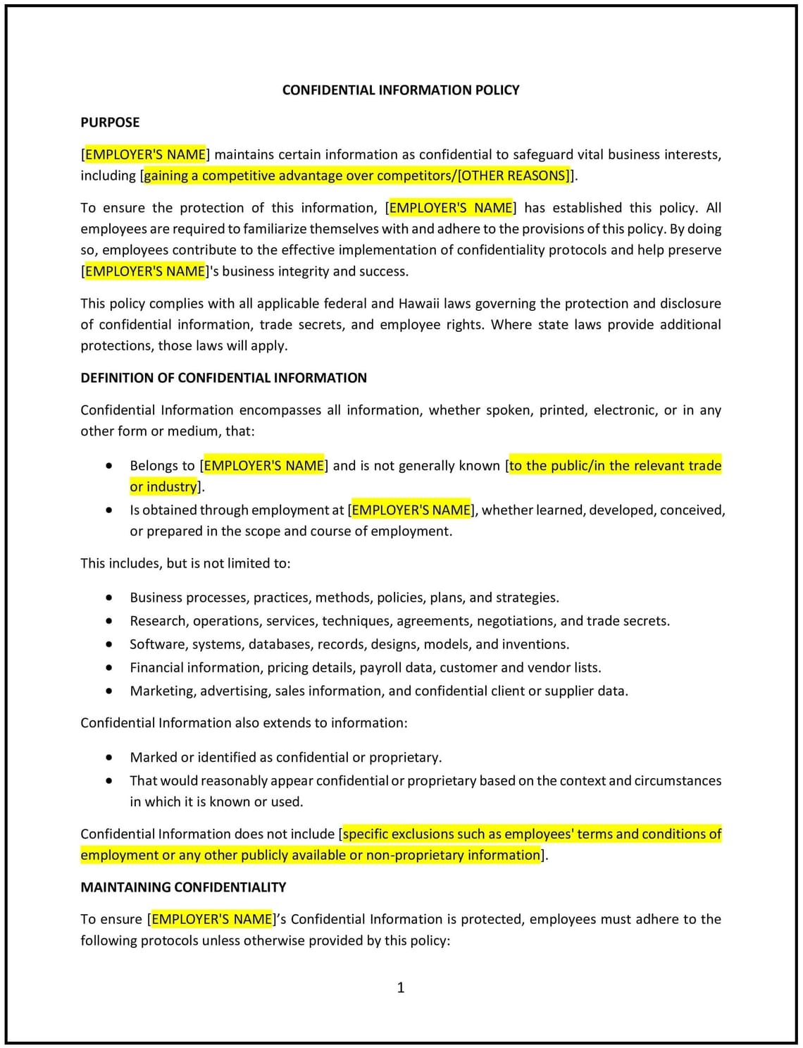Confidential information policy (Hawaii): Free template