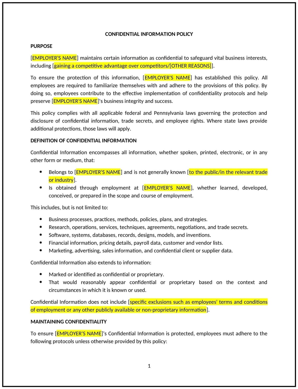 Confidentiality policy (Pennsylvania): Free template