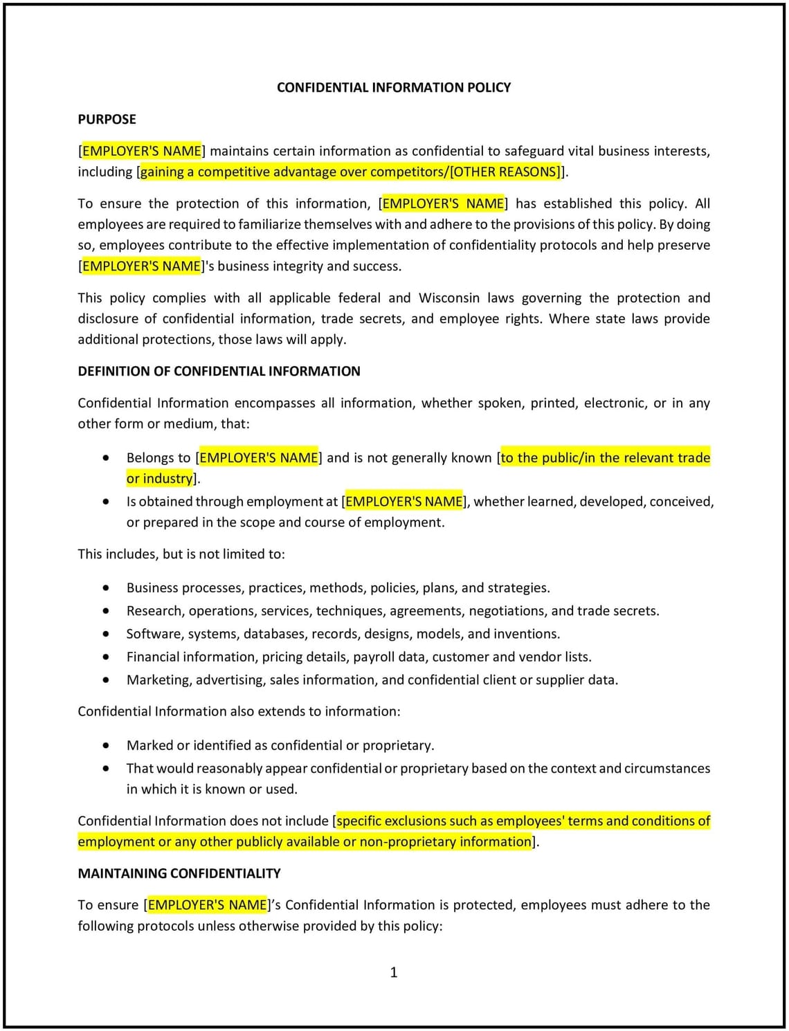 Confidential information policy (Wisconsin): Free template