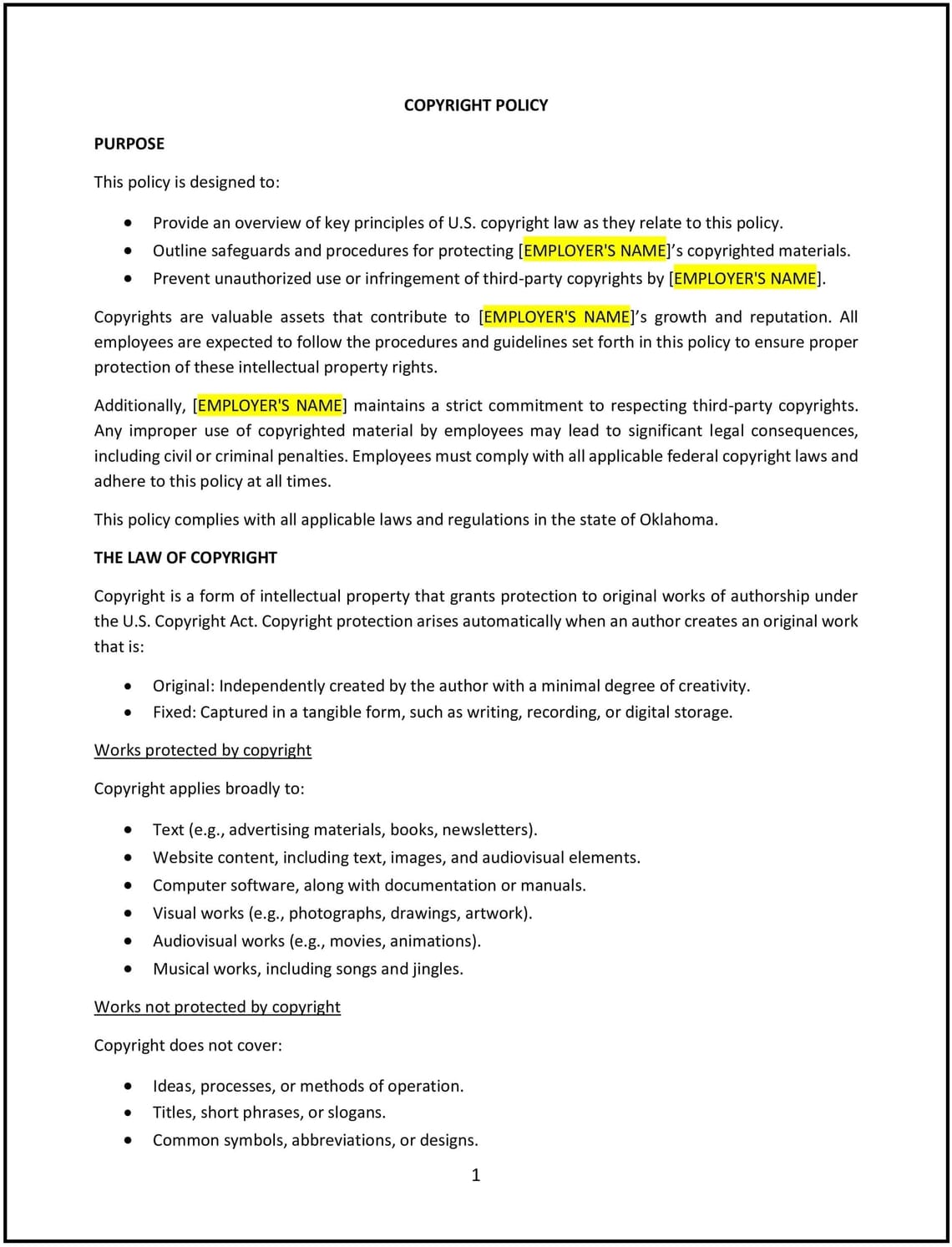 Copyright policy (Oklahoma): Free template