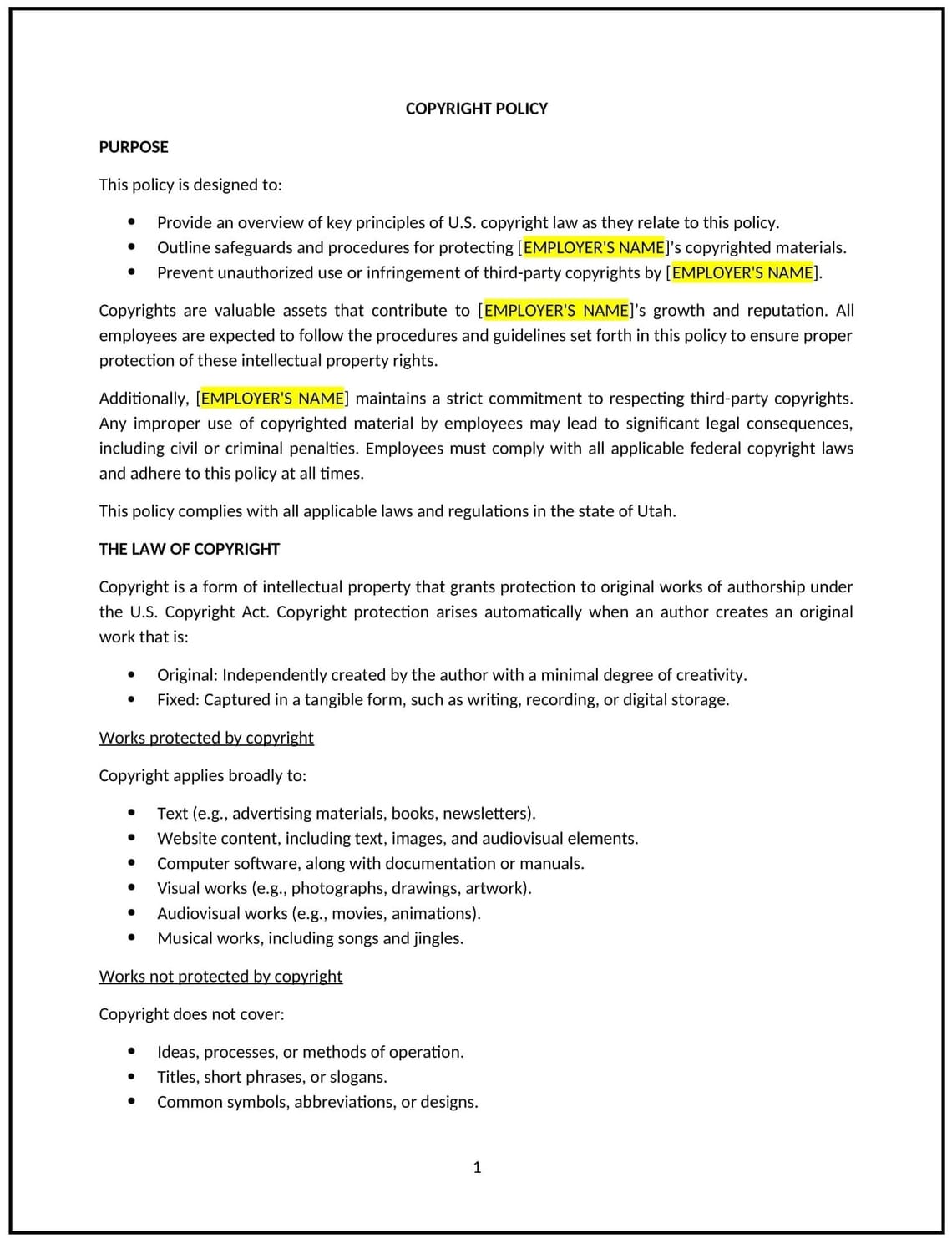 Copyright policy (Utah): Free template