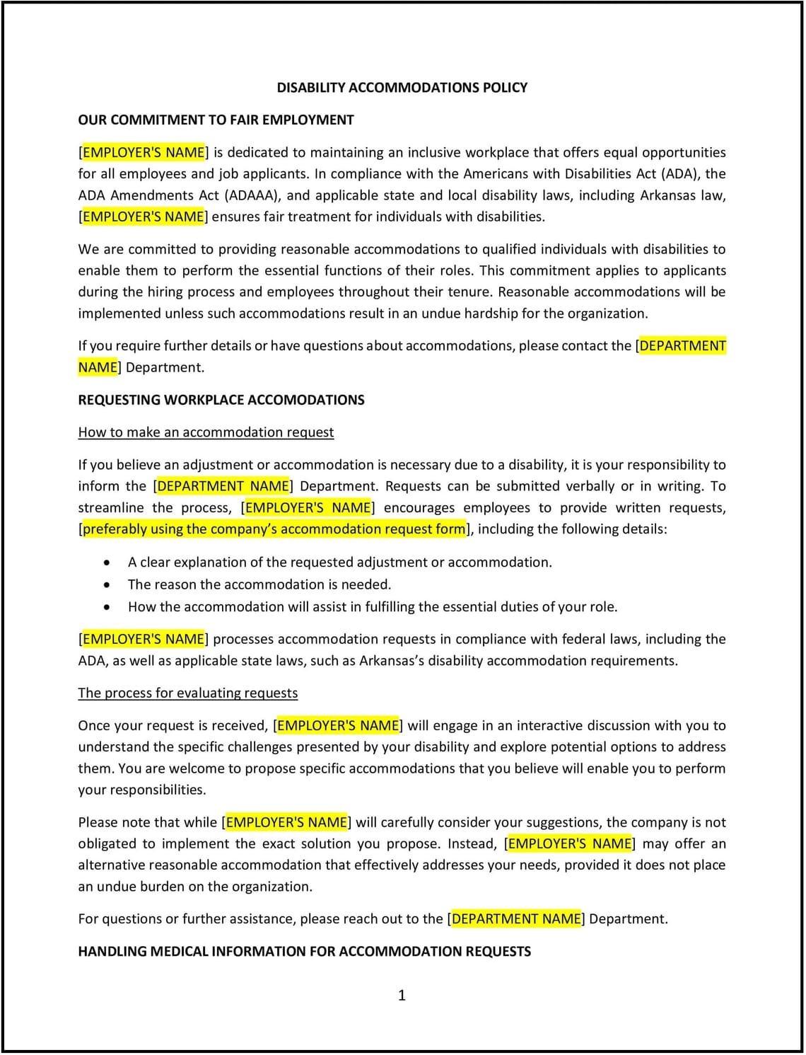 Disability accommodations policy (Arkansas): Free template