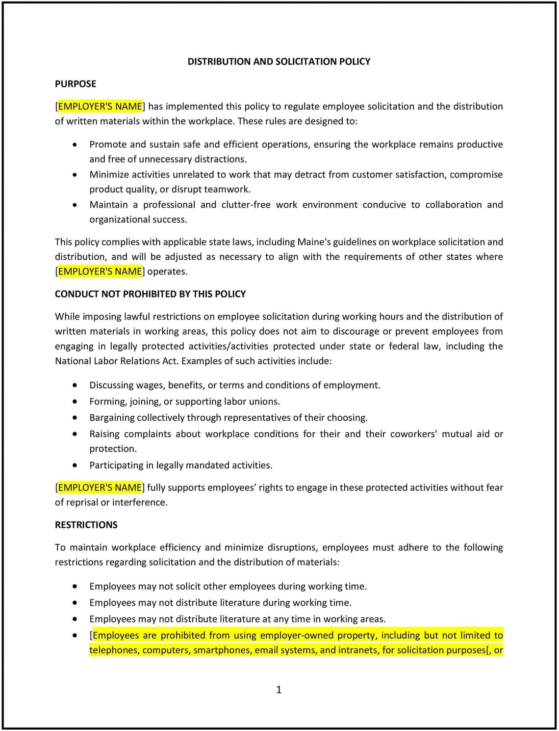Distribution and solicitation policy (Maine): Free template