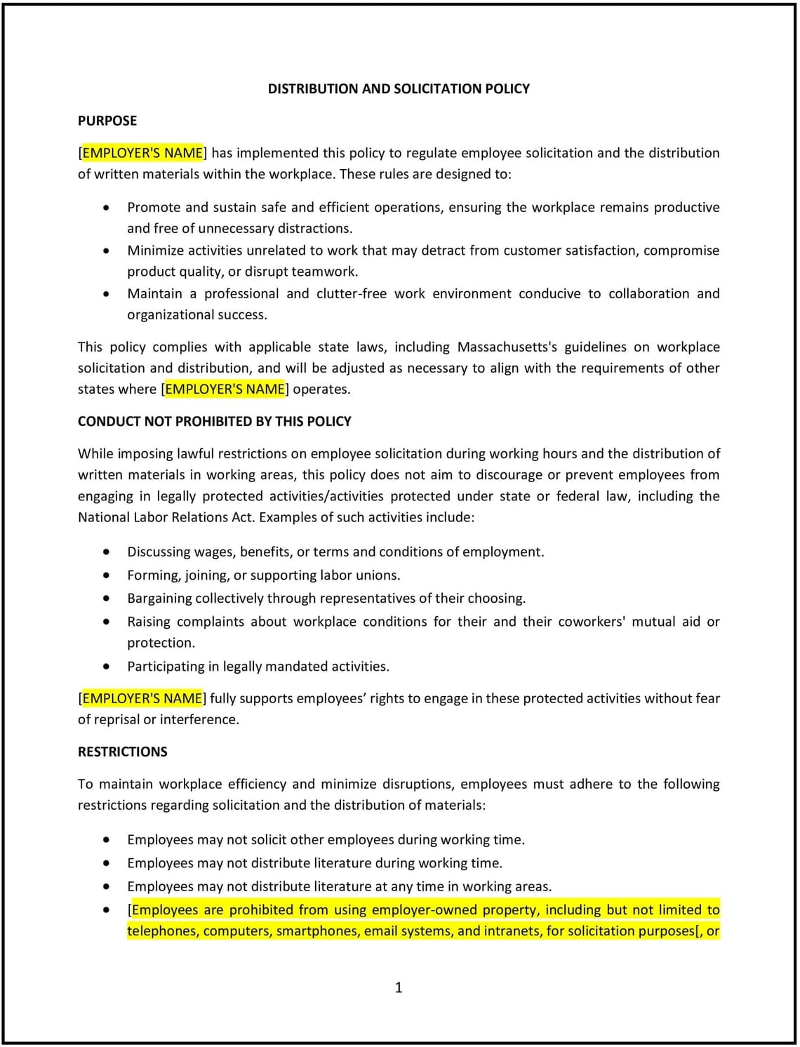 Distribution and solicitation policy (Massachusetts): Free template