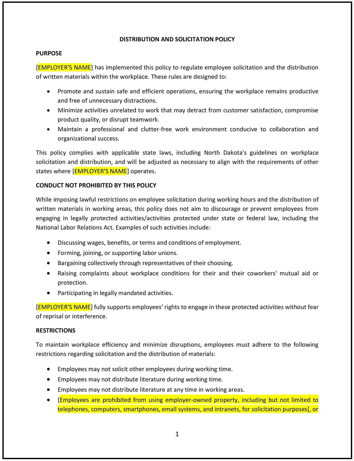 Distribution and solicitation policy (North Dakota): Free template