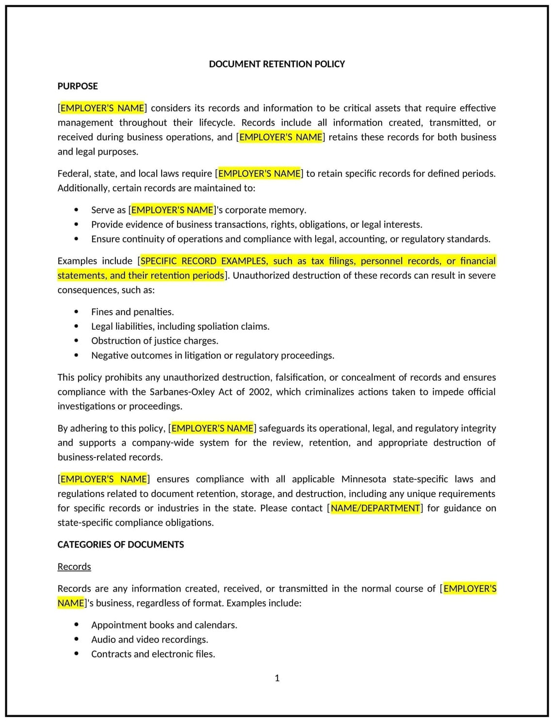 Document retention policy (Minnesota): Free template