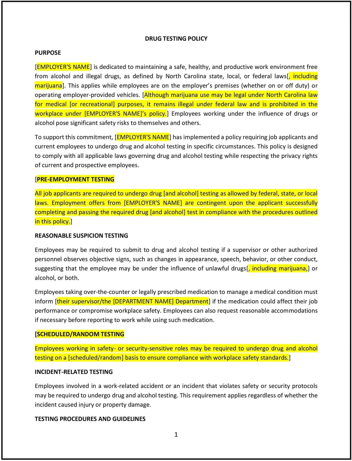 Drug testing policy (North Carolina): Free template