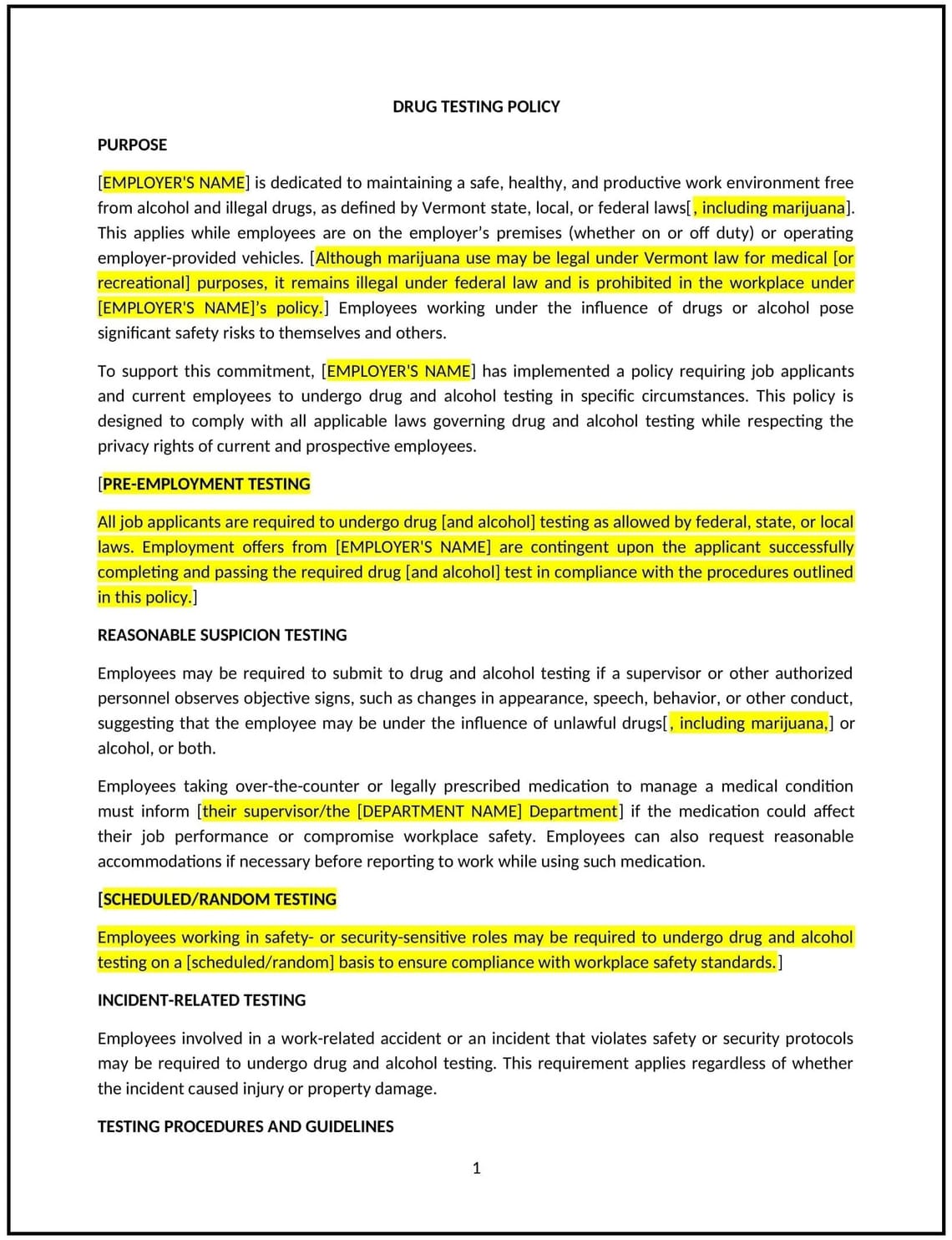 Drug testing policy (Vermont): Free template