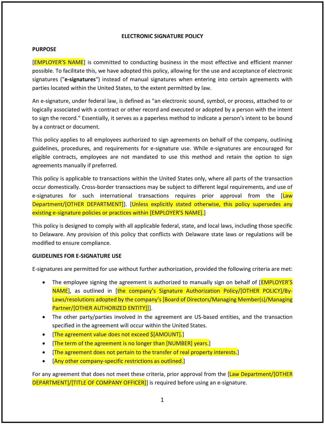 Electronic signature policy (Delaware): Free template