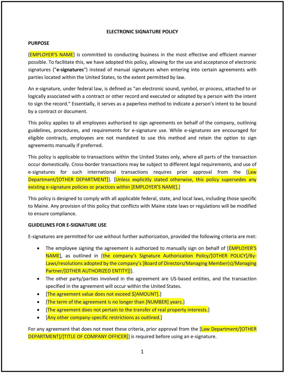 Electronic signature policy (Maine): Free template