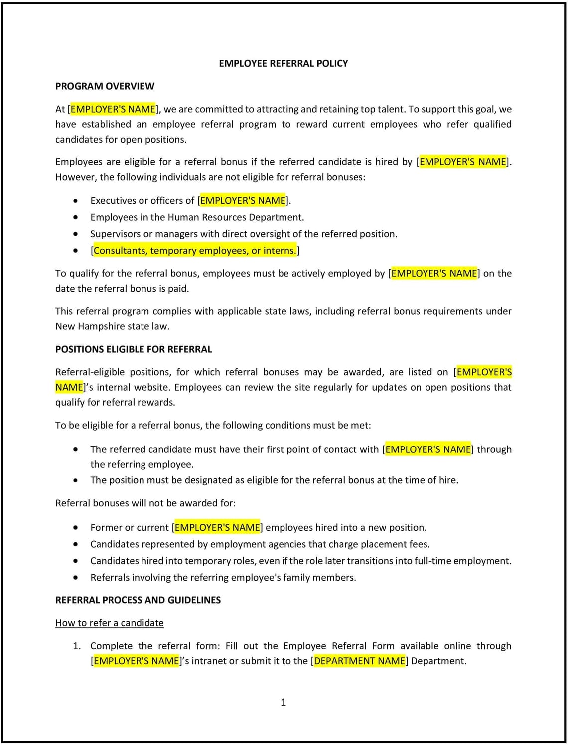 Employee referral plan (New Hampshire): Free template