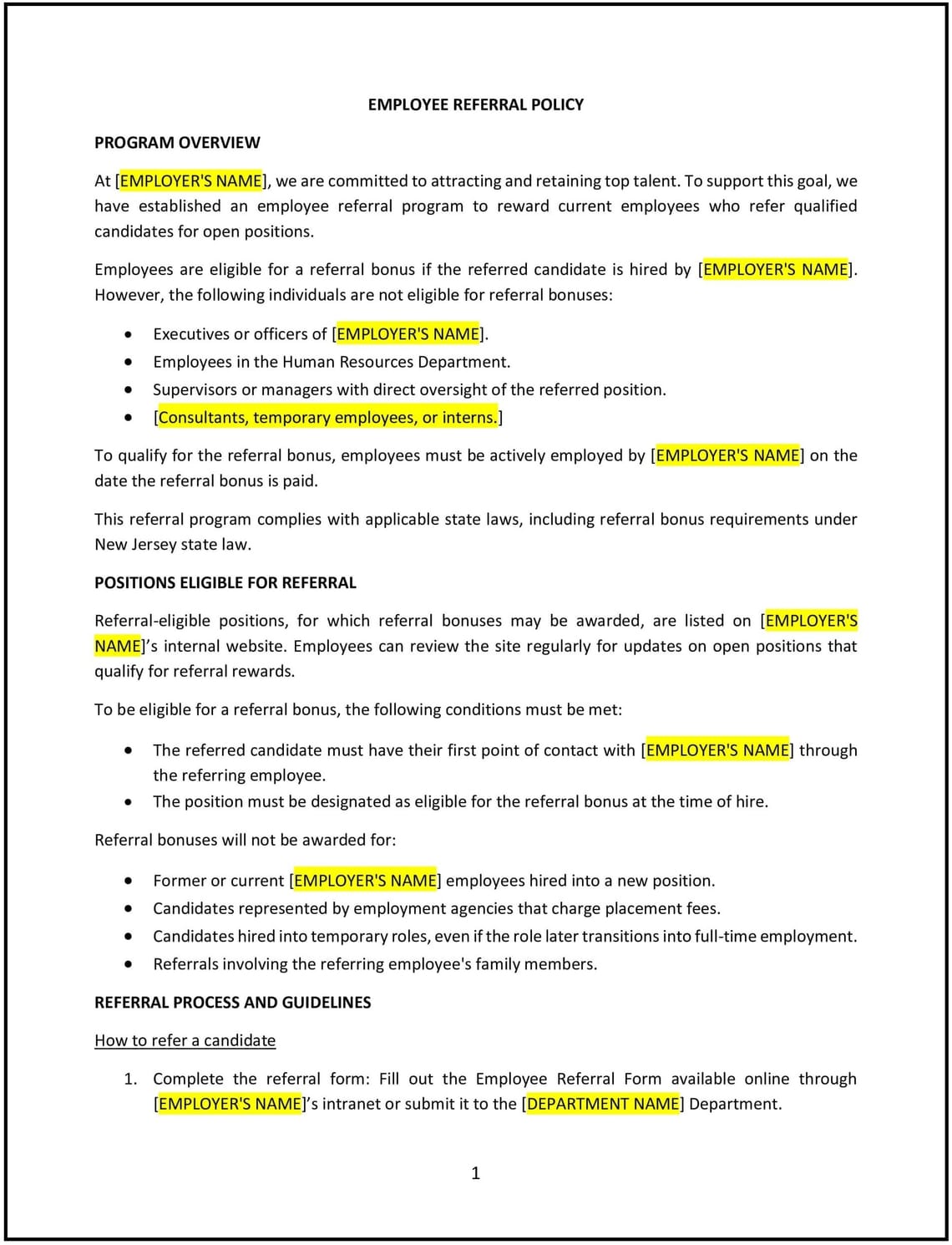 Employee referral policy (New Jersey): Free template