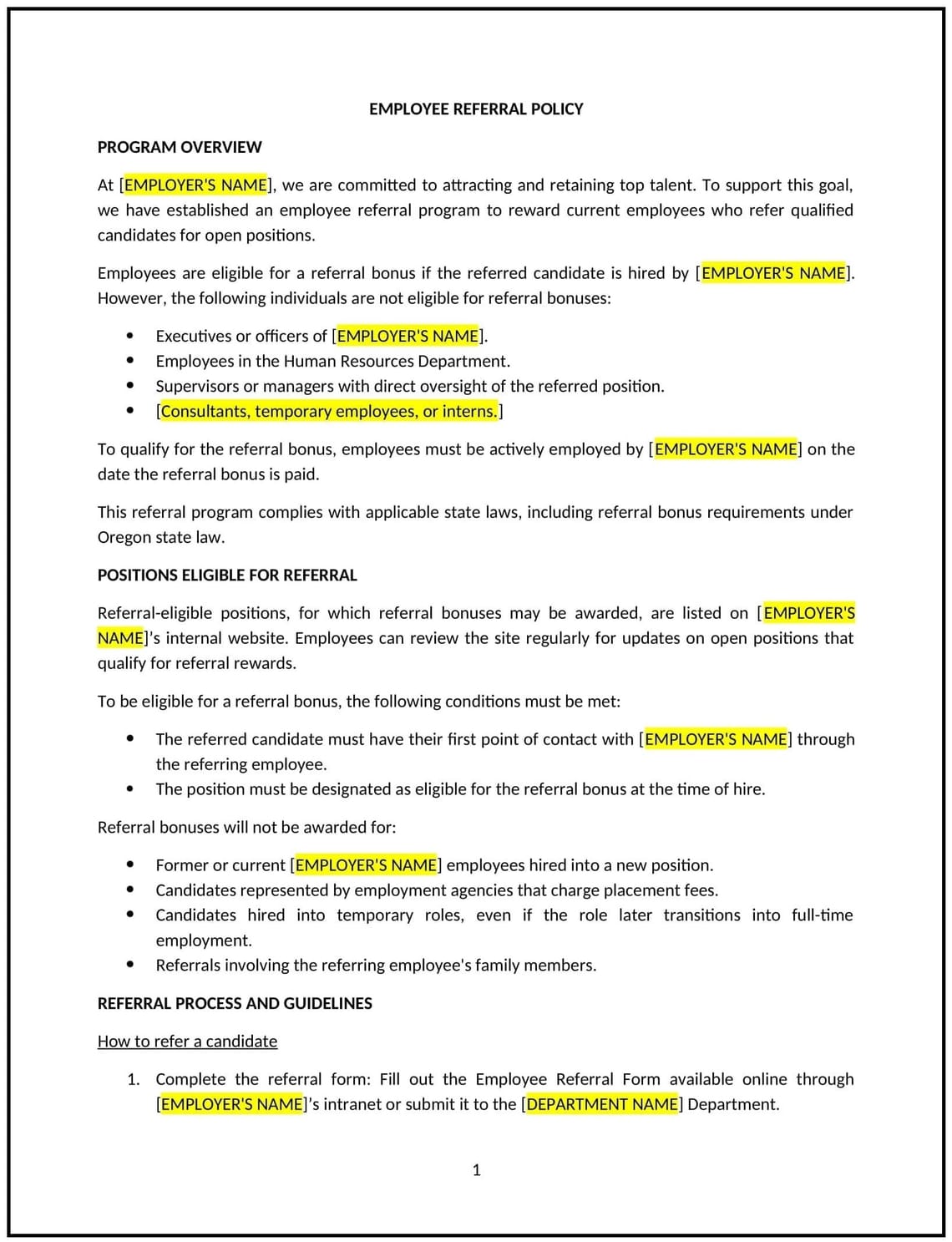 Employee referral policy (Oregon): Free template
