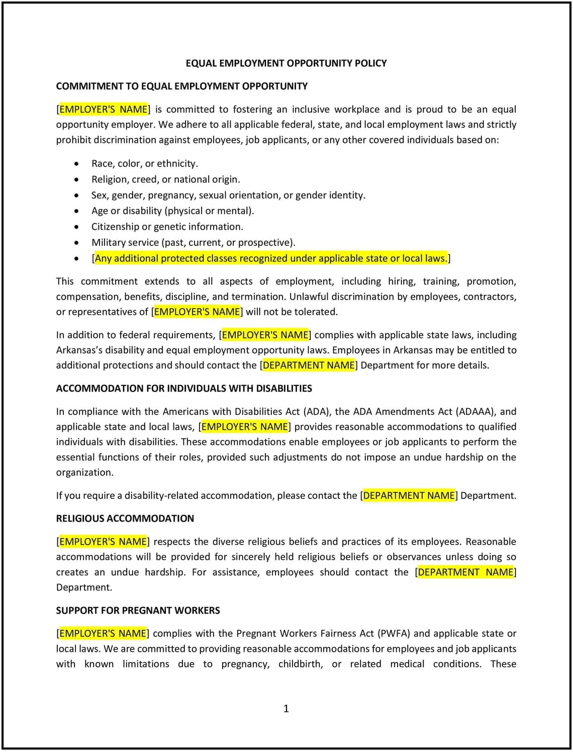 Equal opportunity employment policy (Arkansas): Free template