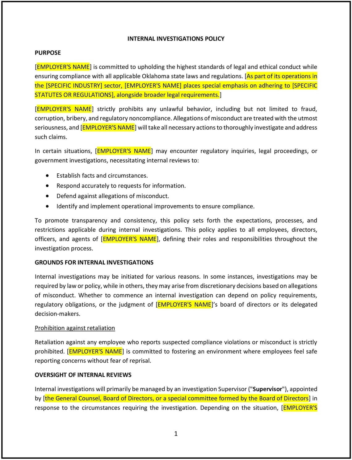 Internal investigations policy (Oklahoma): Free template