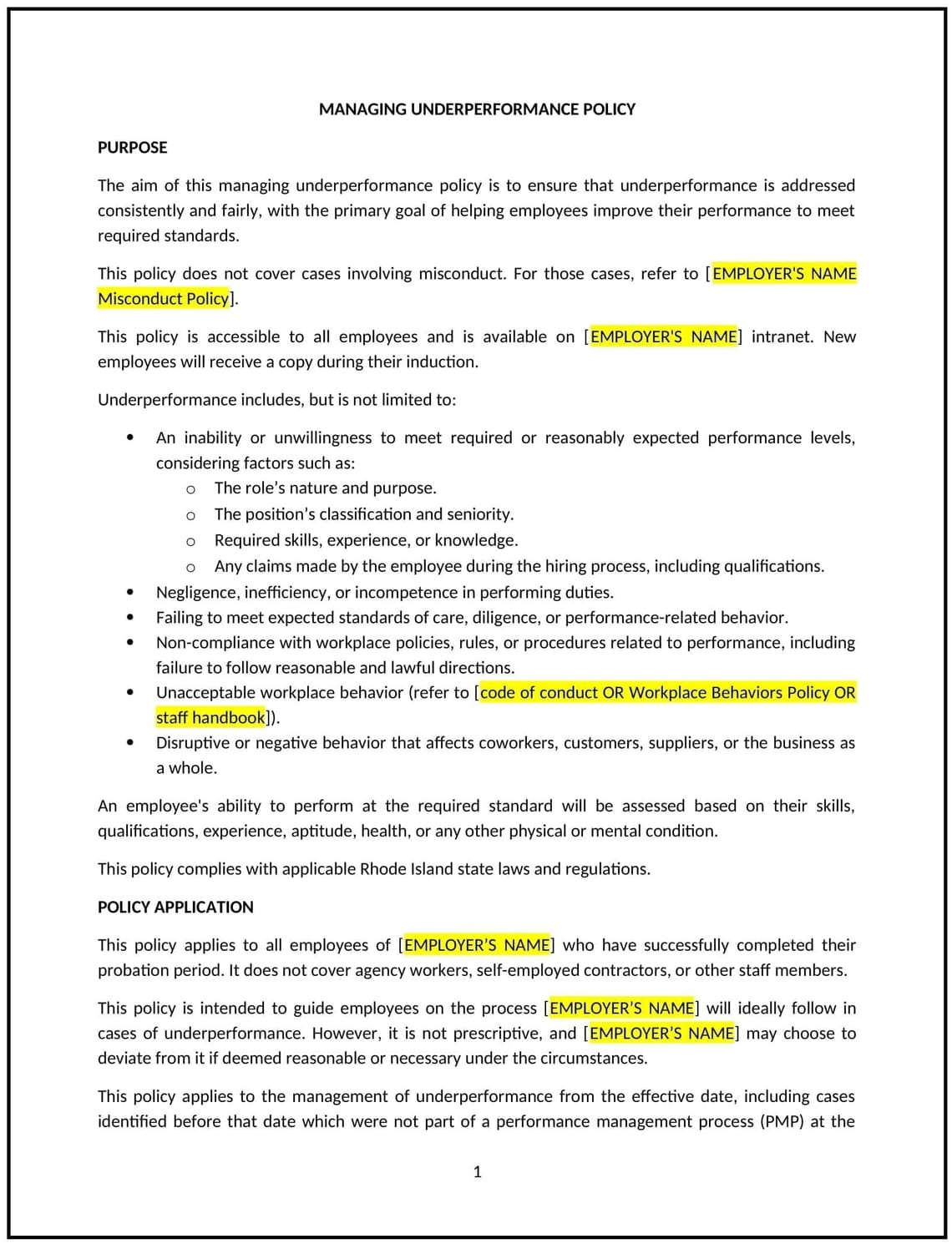 Managing underperformance policy (Rhode Island): Free template