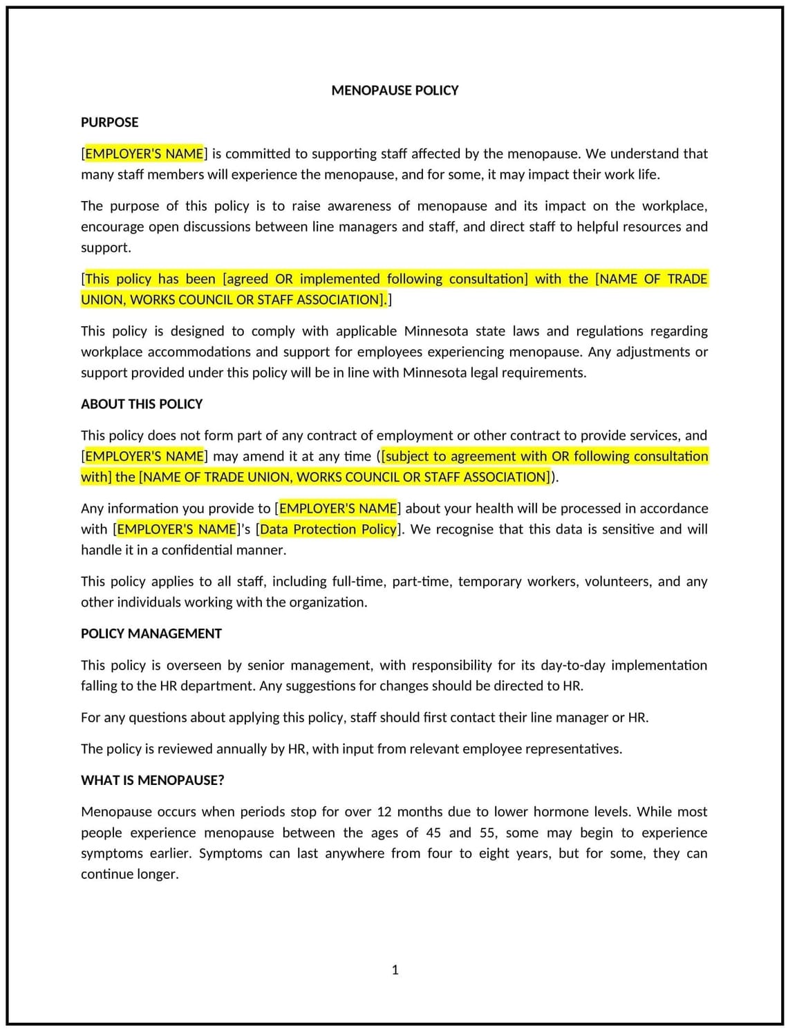 Menopause policy (Minnesota): Free template