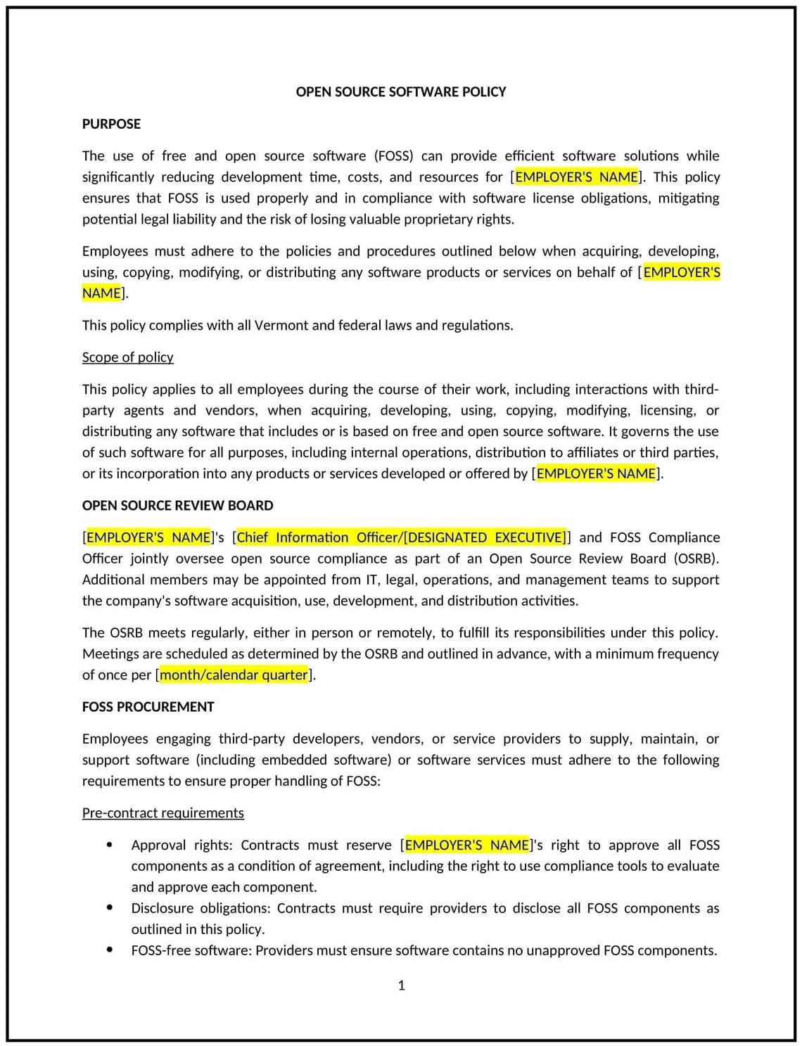 Open source software policy (Vermont): Free template