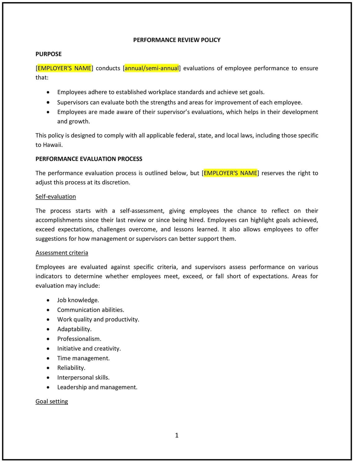 Performance review policy (Hawaiʻi): Free template