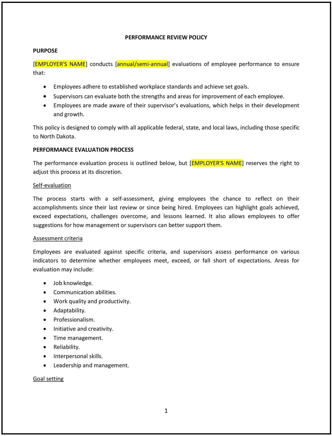 Performance review policy (North Dakota): Free template