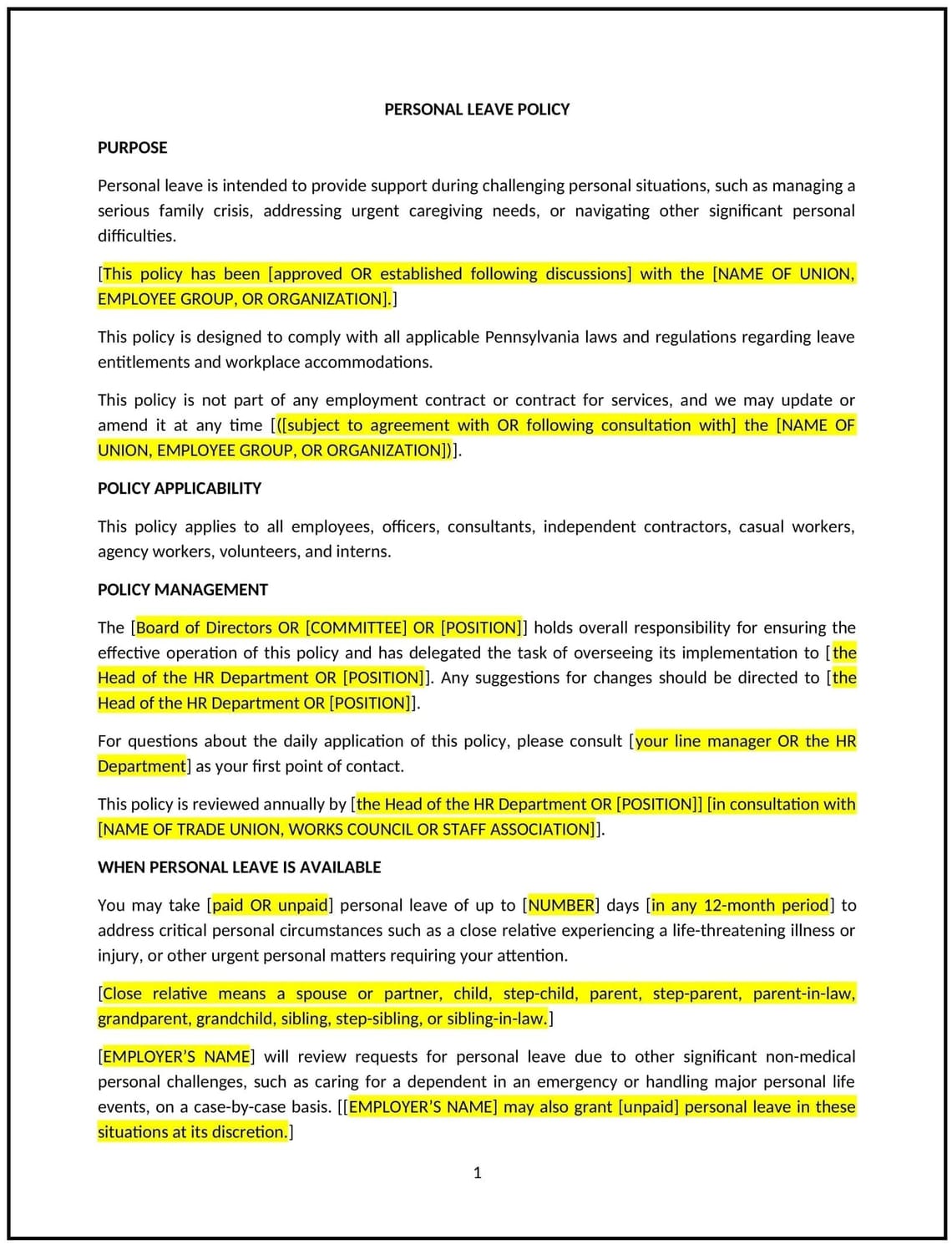 Personal leave policy (Pennsylvania): Free template