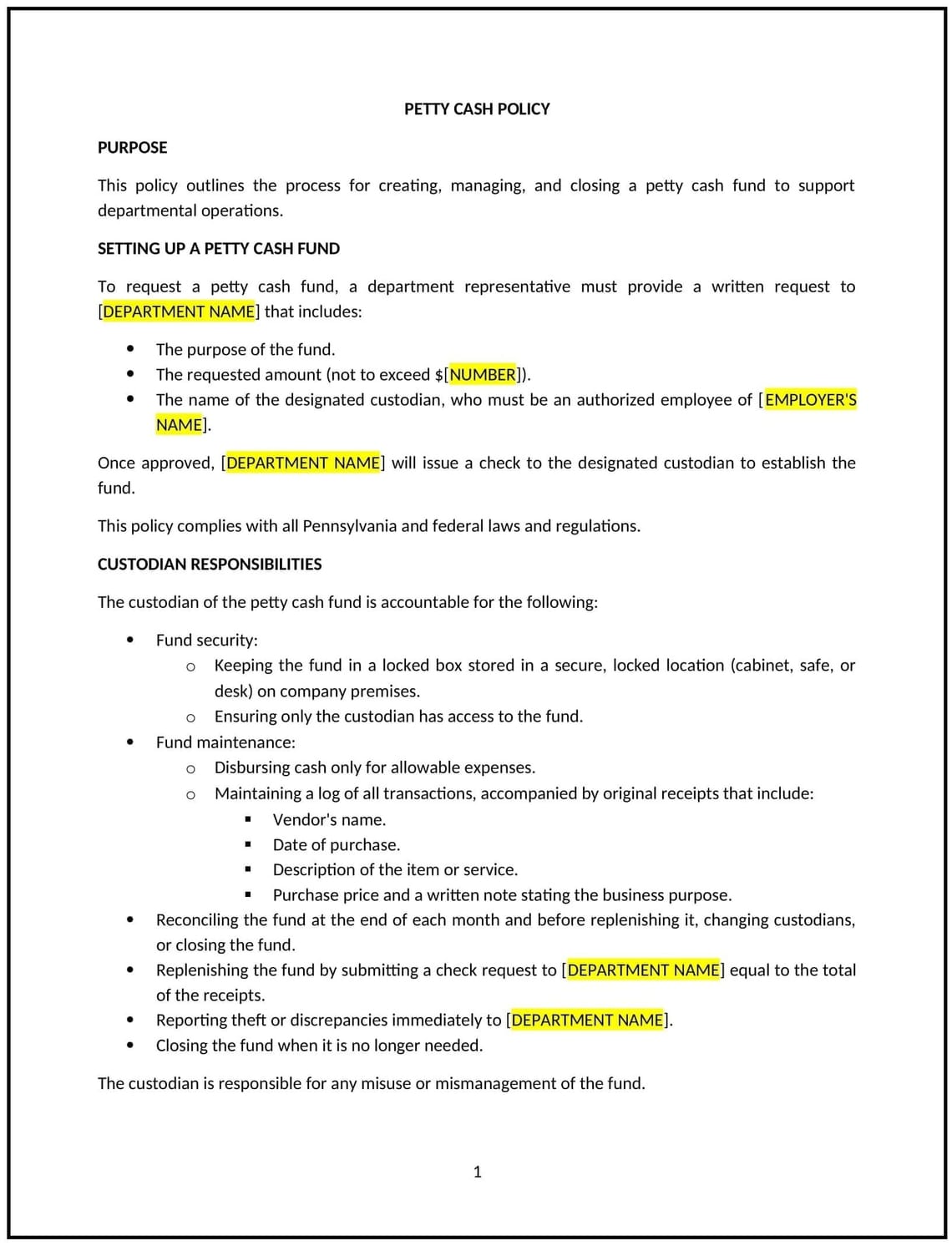 Petty cash policy (Pennsylvania): Free template