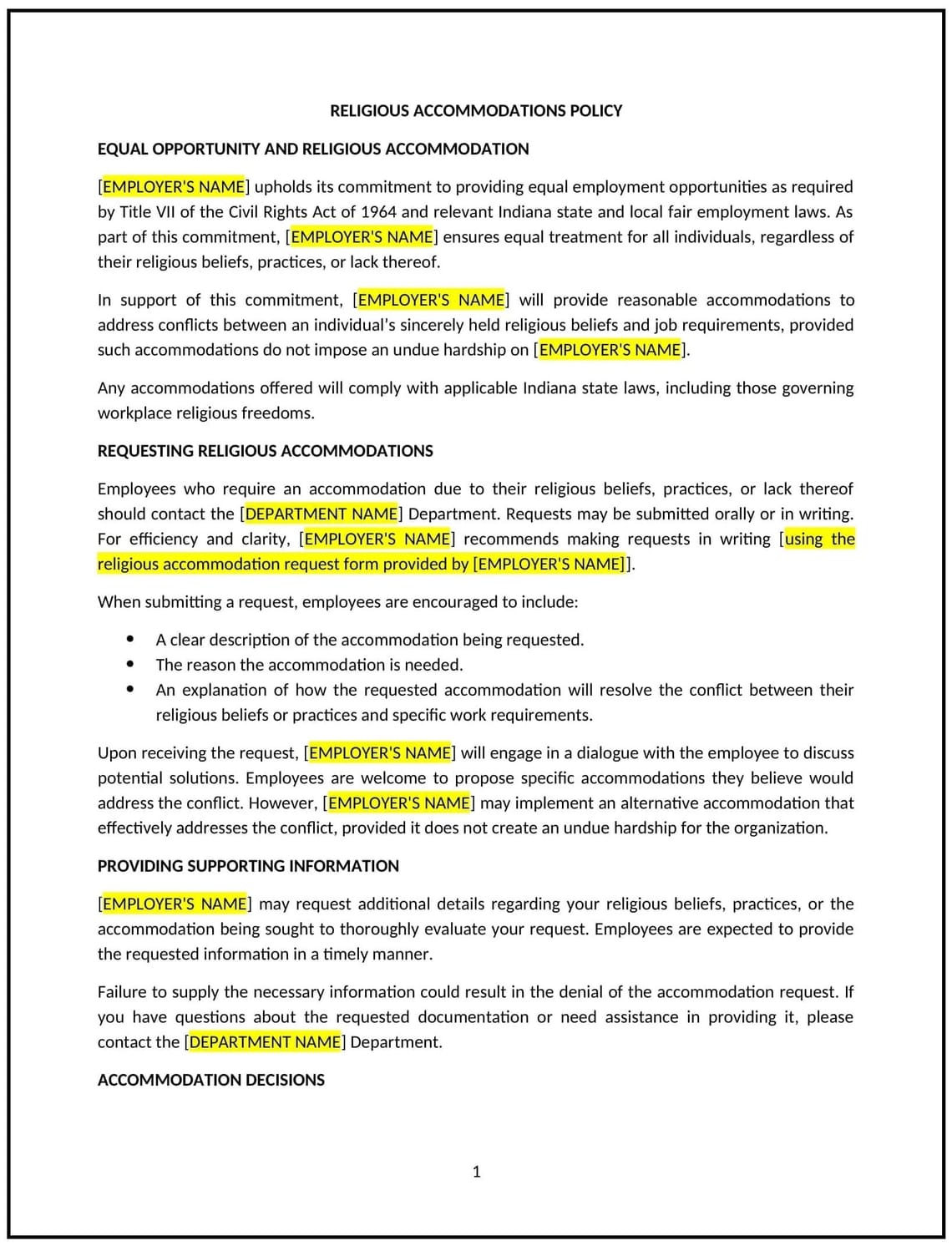 Religious accommodations policy (Indiana): Free template