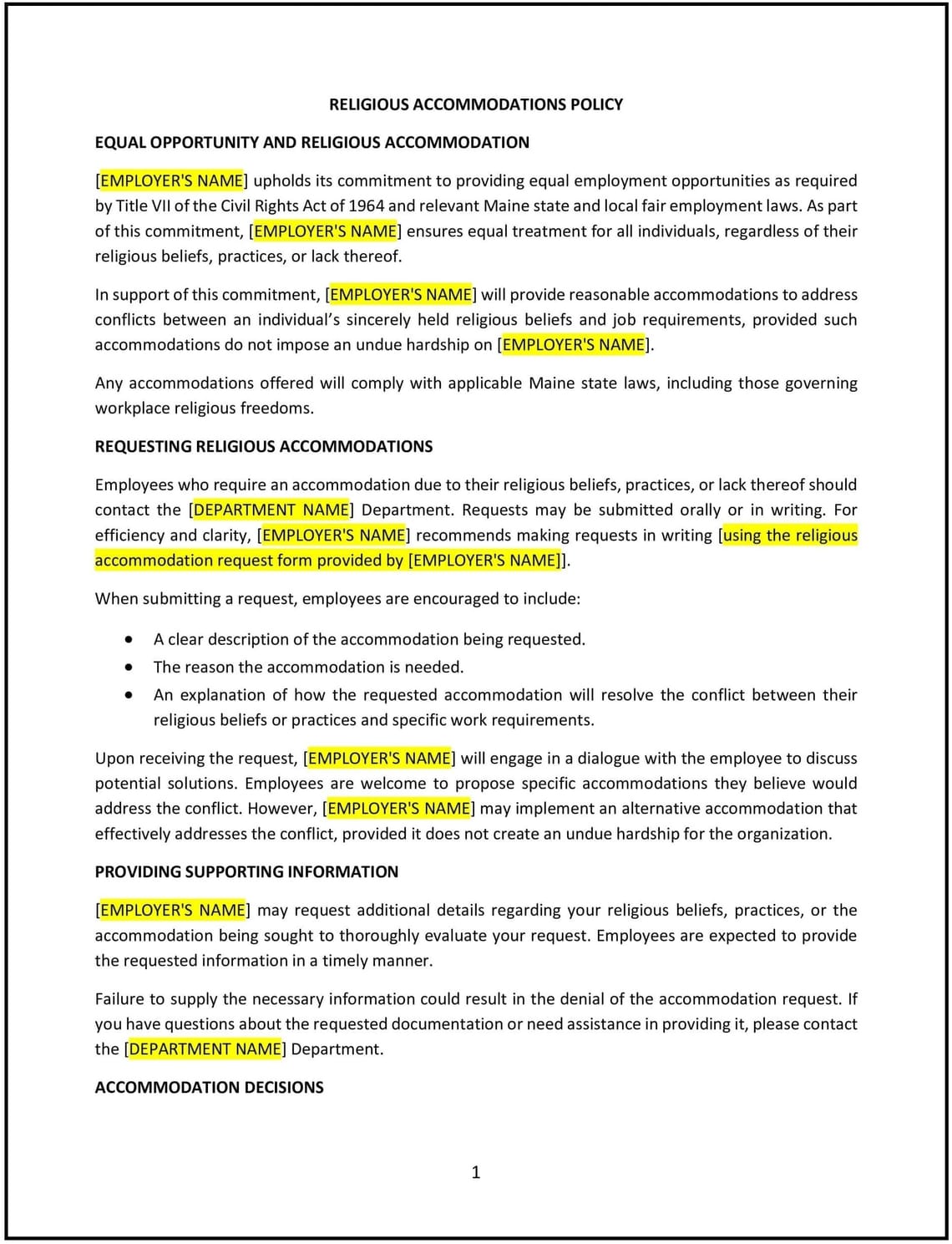 Religious accommodations policy (Maine): Free template