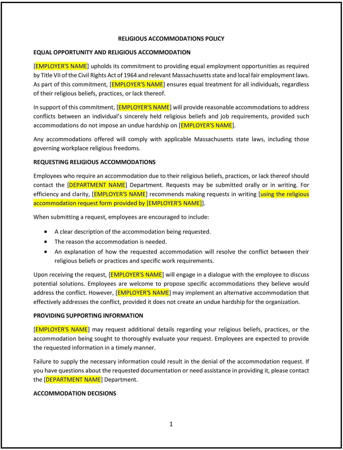 Religious accommodations policy (Massachusetts): Free template